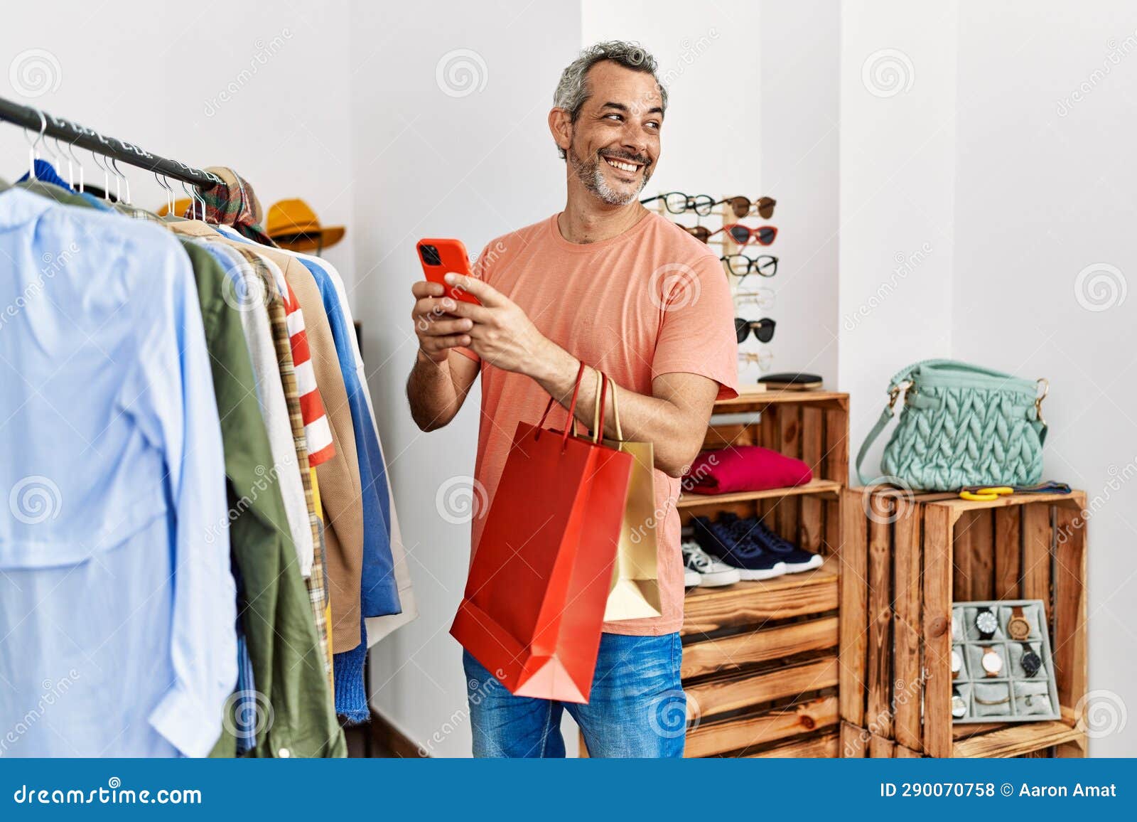 Middle Age Grey-haired Man Customer Smiling Confident Using Smartphone ...