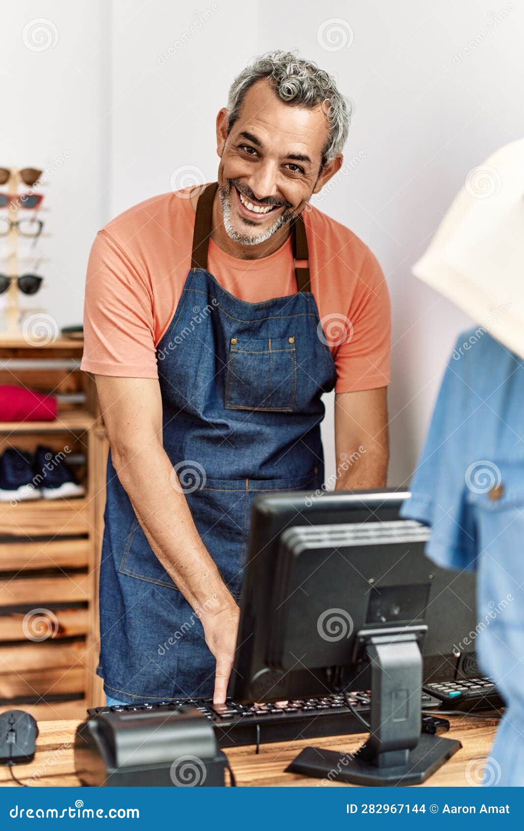 Middle Age Grey-haired Man Shop Assistant Using Computer Working at ...