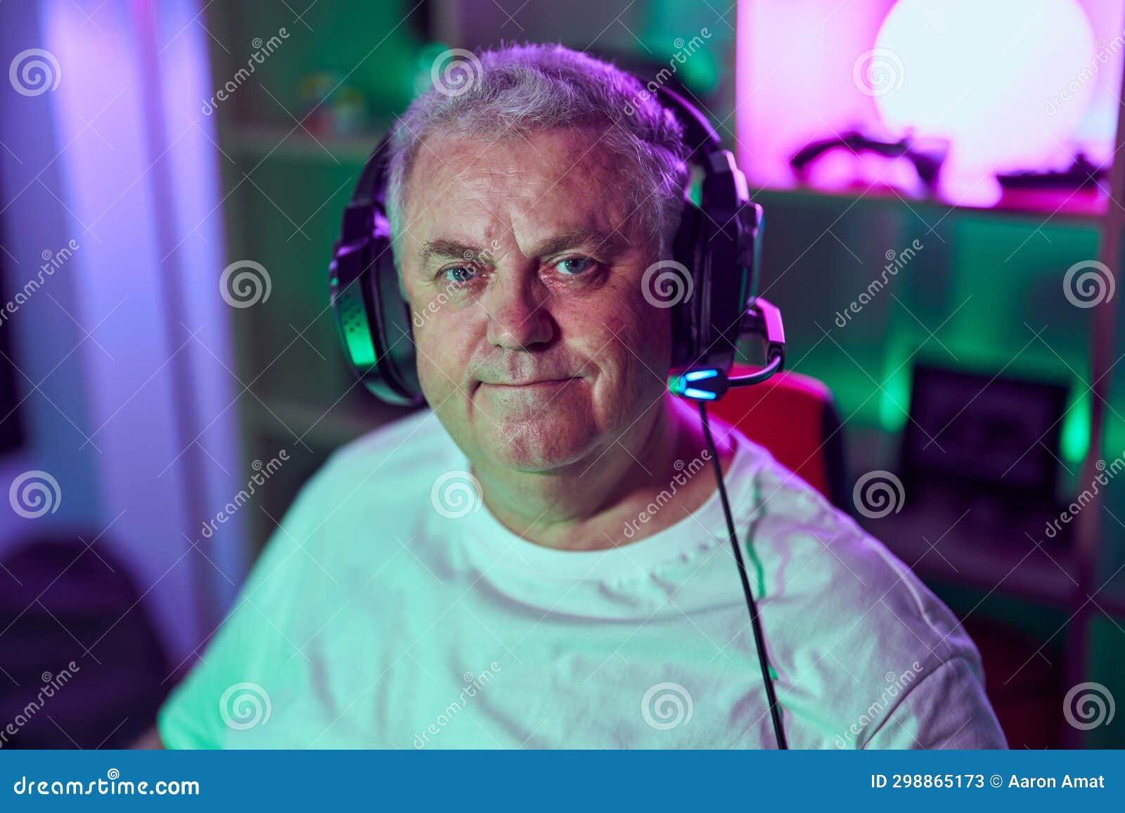 Middle Age Grey-haired Man Streamer Smiling Confident Sitting on Table ...