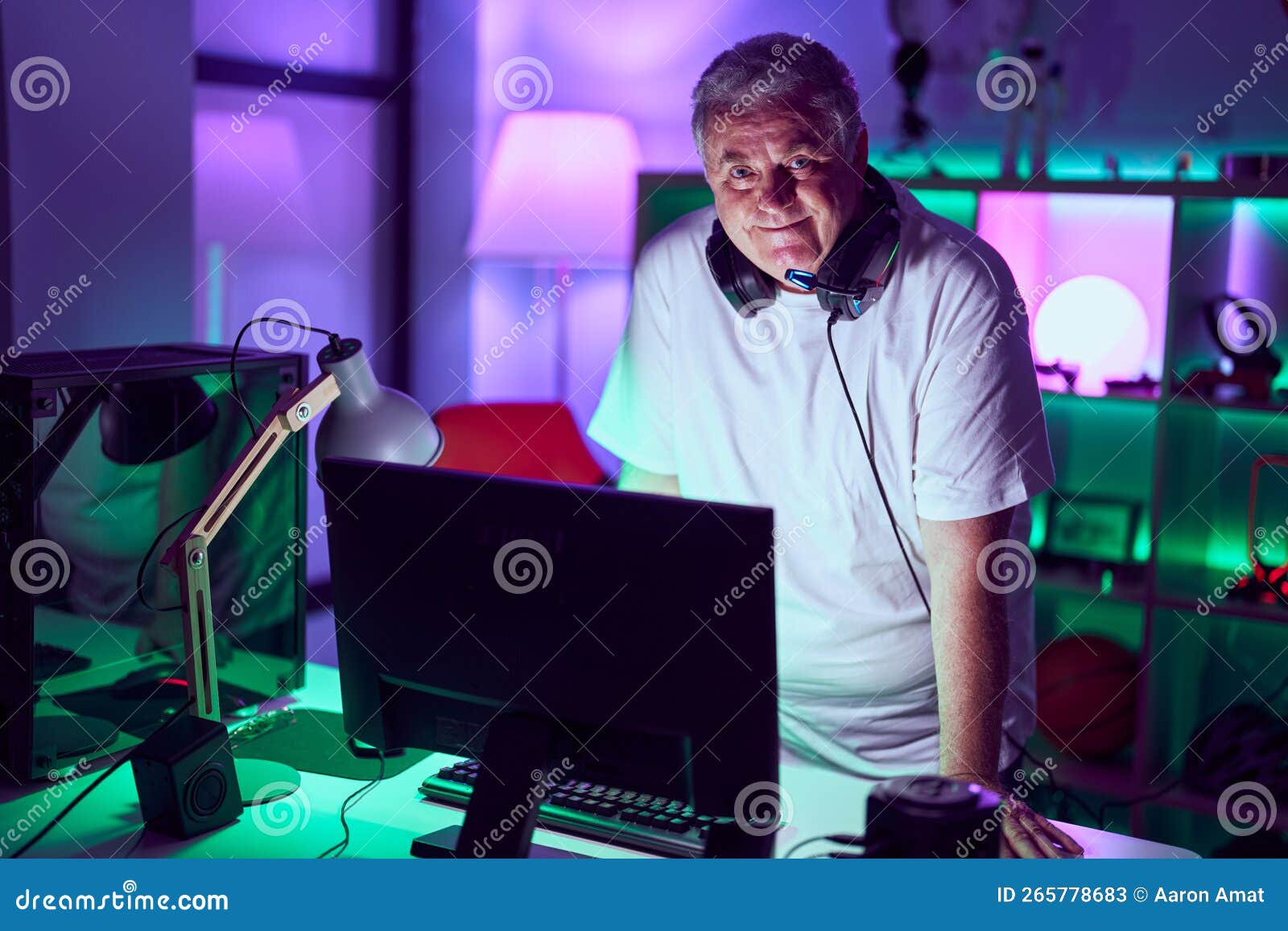 Middle Age Grey-haired Man Streamer Smiling Confident Standing at ...