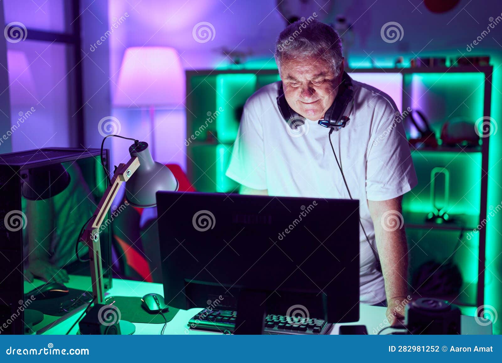 Middle Age Grey-haired Man Streamer Smiling Confident Standing at ...