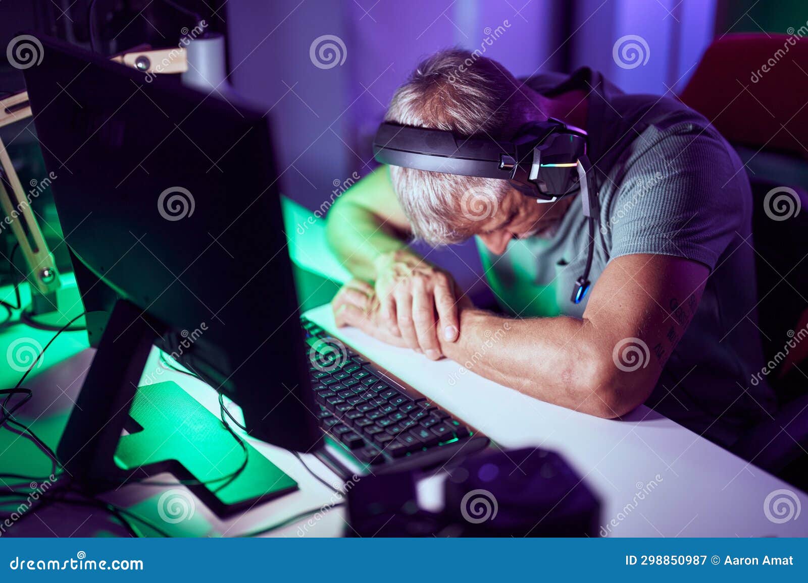 Middle Age Grey-haired Man Streamer Stressed Using Computer at Gaming ...