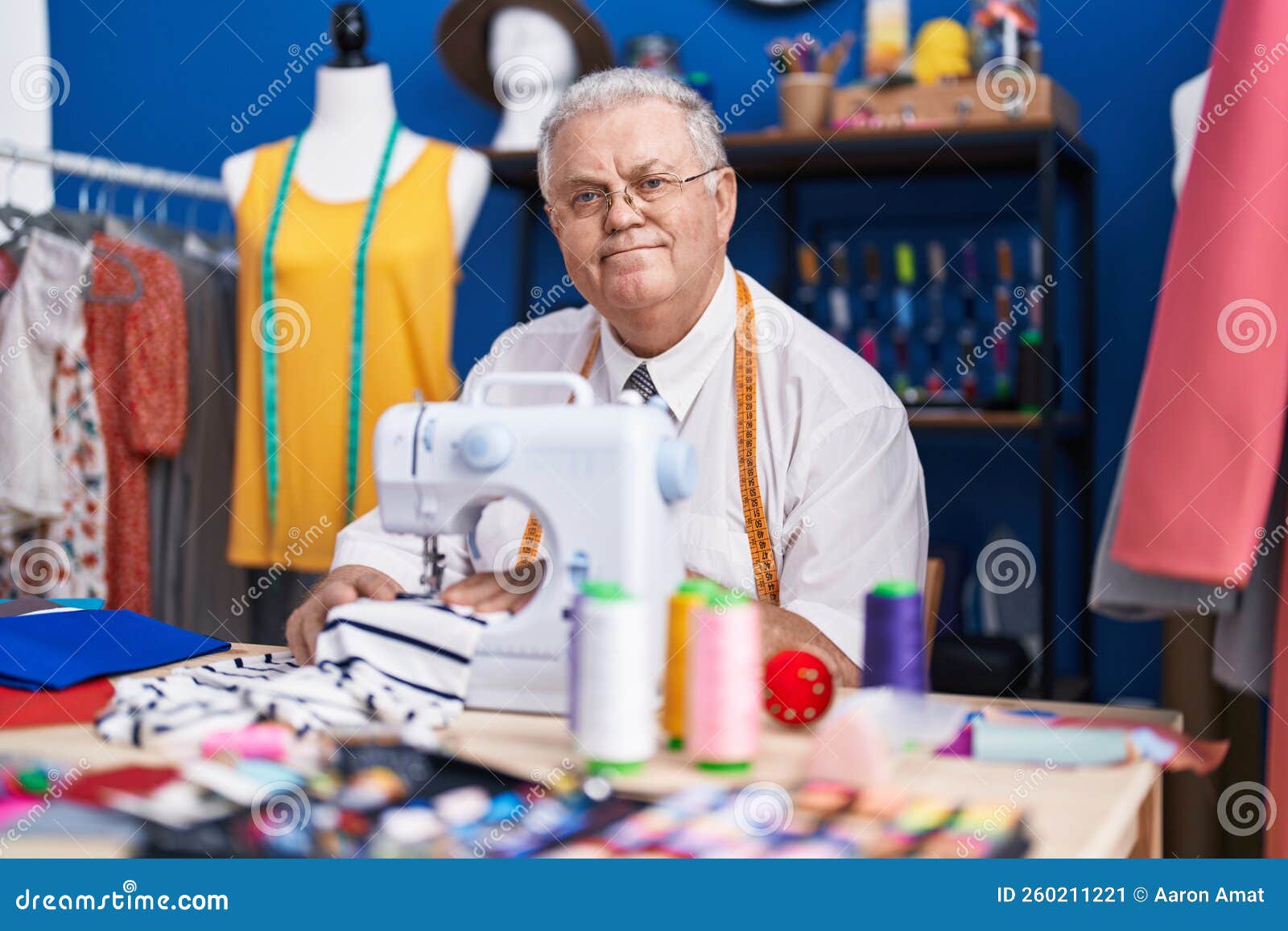 Middle Age Grey-haired Man Tailor Smiling Confident Using Sewing ...