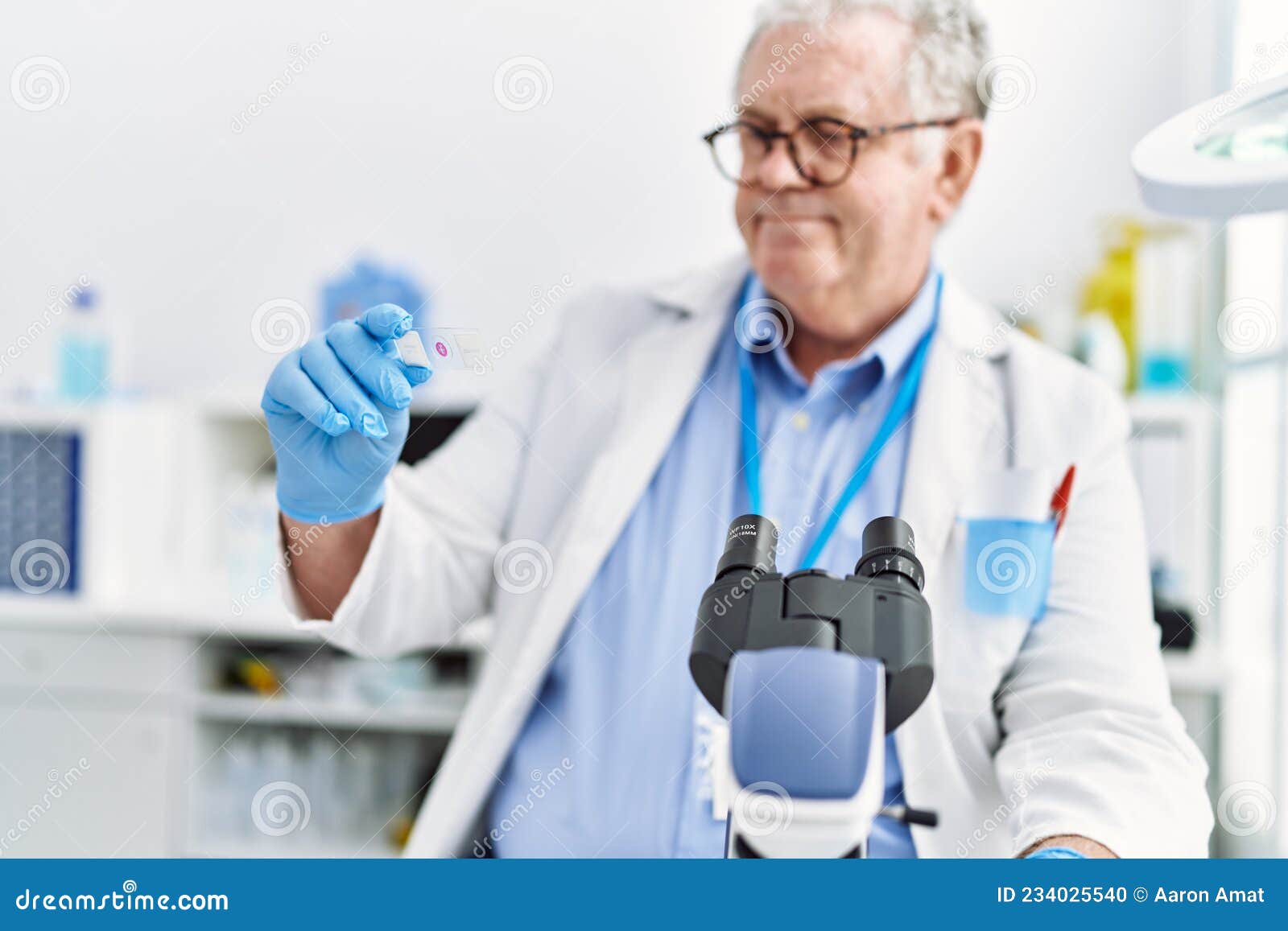 Middle Age Grey-haired Man Wearing Scientist Uniform Using Microscope ...