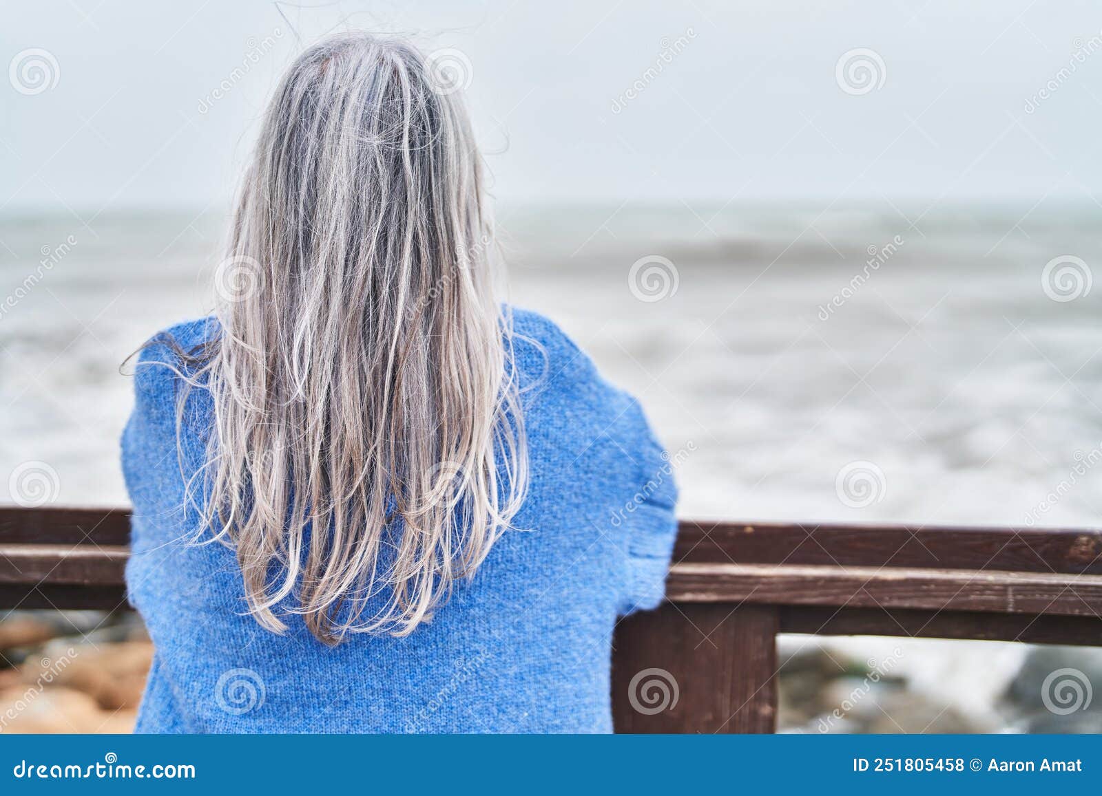 Middle Age Grey-haired Woman Standing on Back View at Seaside Stock ...