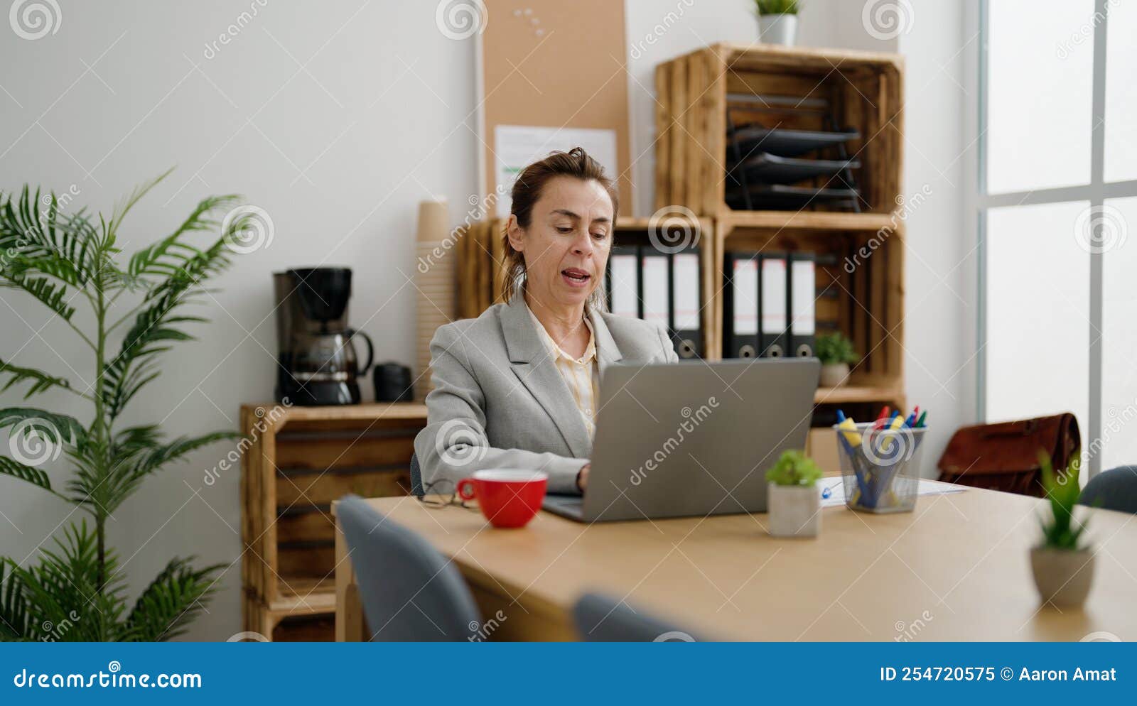 Middle Age Hispanic Woman Business Worker Working at Office Stock Image ...