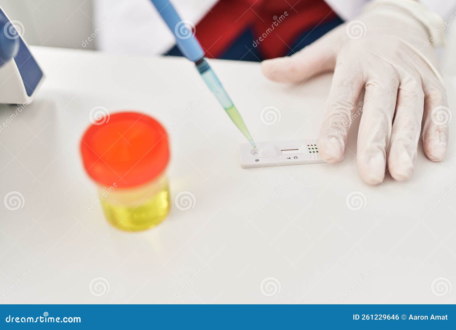 Middle Age Hispanic Woman Doing Urine Test at Laboratory Stock Photo ...