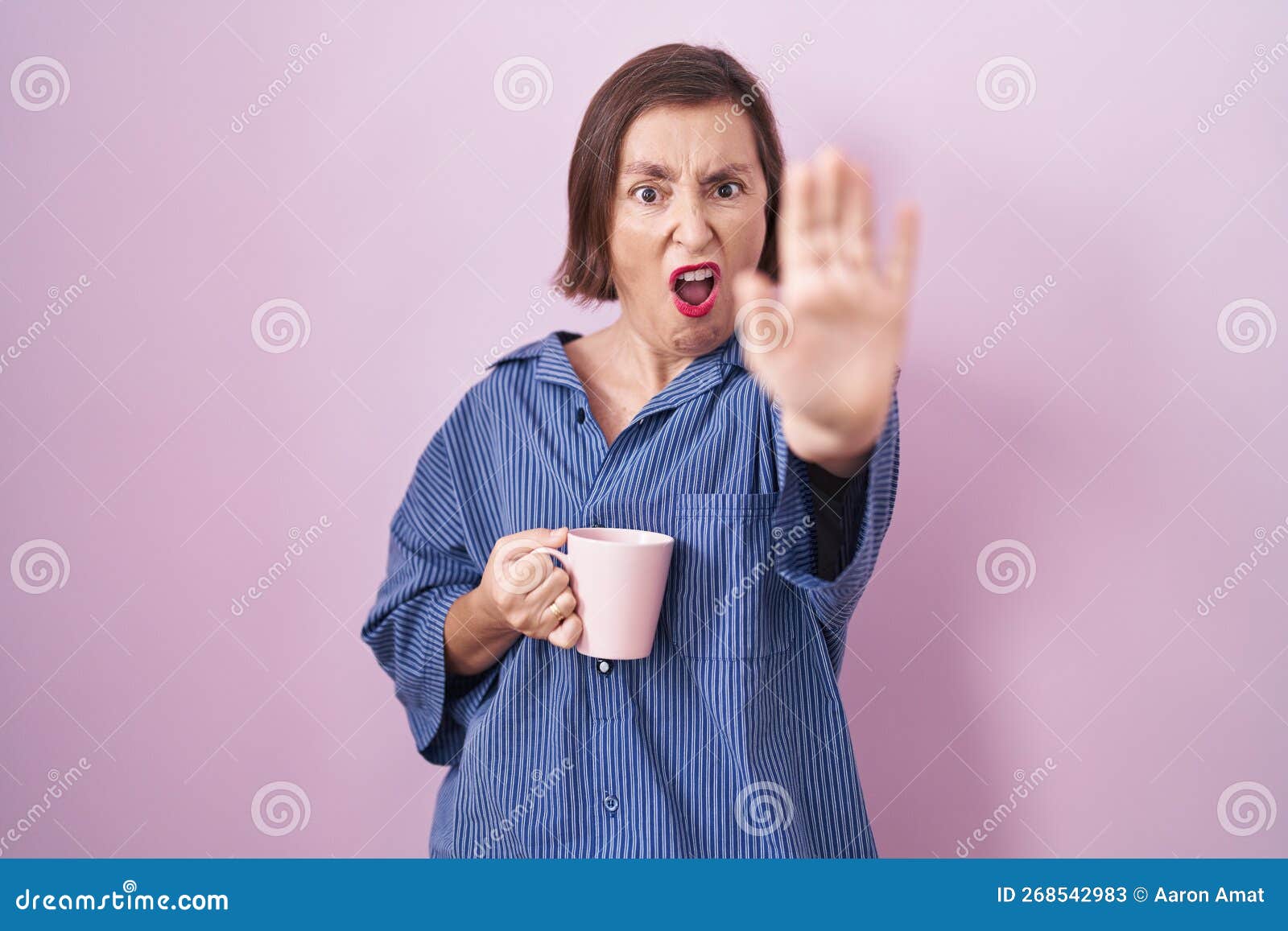 Middle Age Hispanic Woman Drinking a Cup Coffee Doing Stop Gesture with ...
