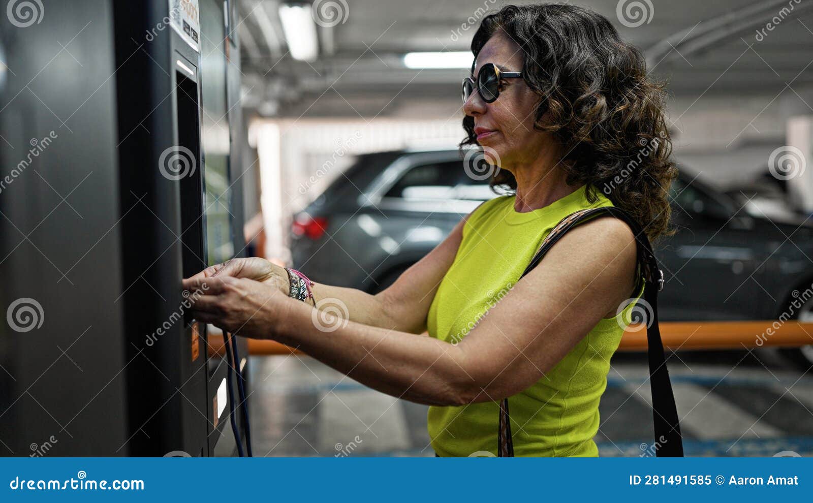Middle Age Hispanic Woman Paying at Parking Machine Parking Stock Image ...