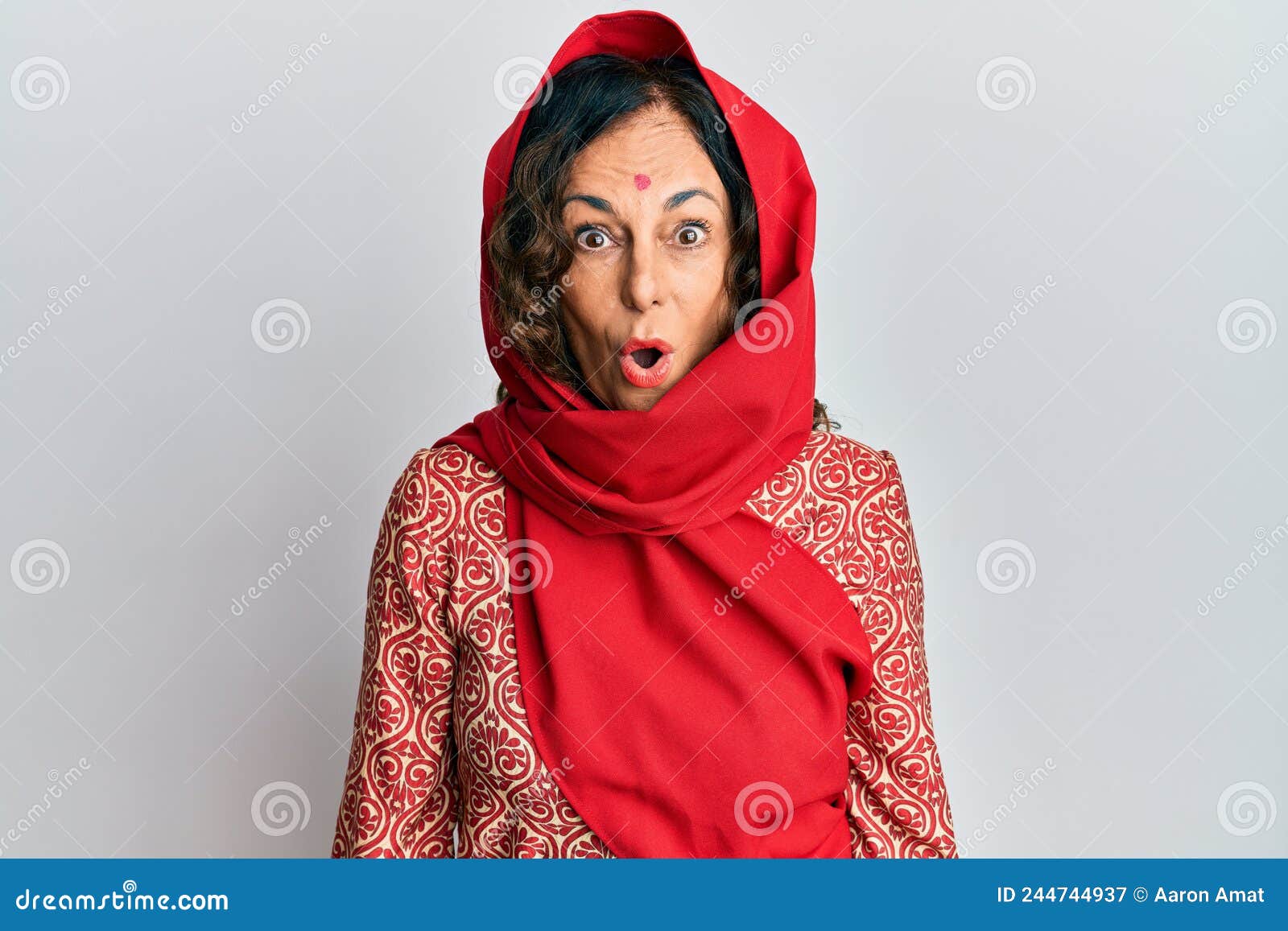 Middle Age Hispanic Woman Wearing Tradition Sherwani Saree Clothes