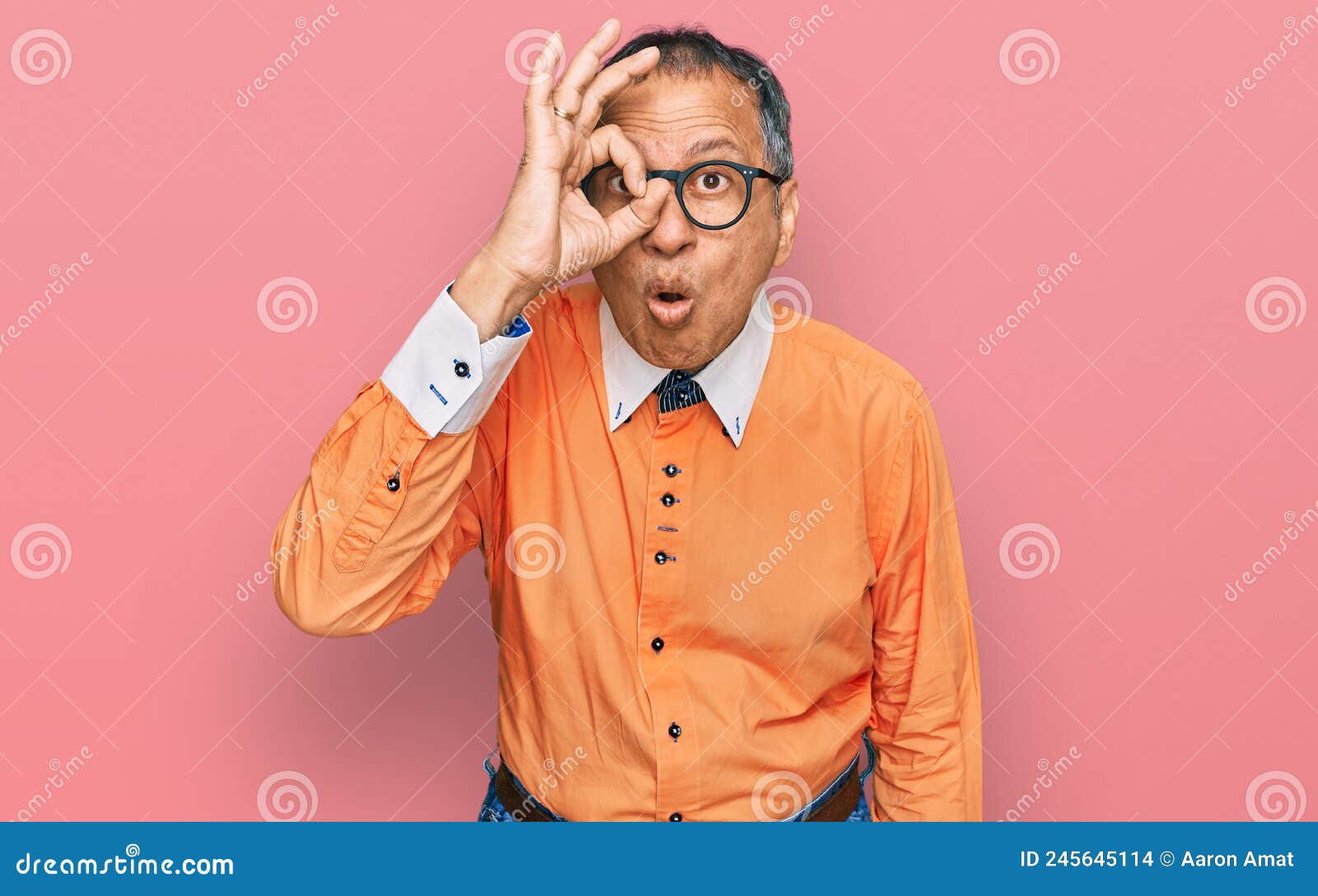 Middle Age Indian Man Wearing Casual Clothes And Glasses Doing Ok
