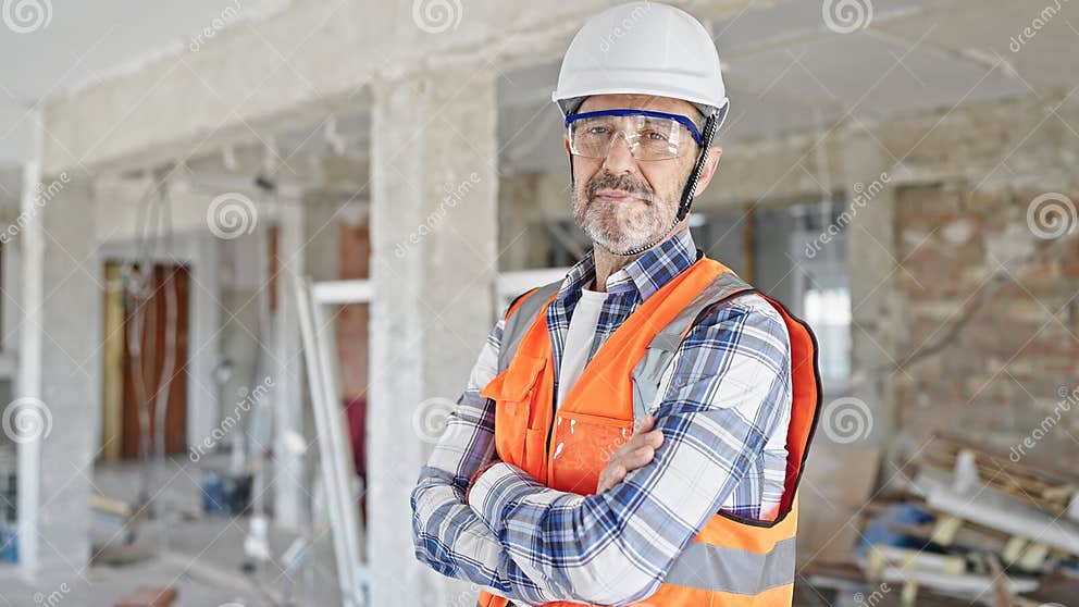Middle Age Man Builder Standing with Arms Crossed Gesture and Relaxed ...