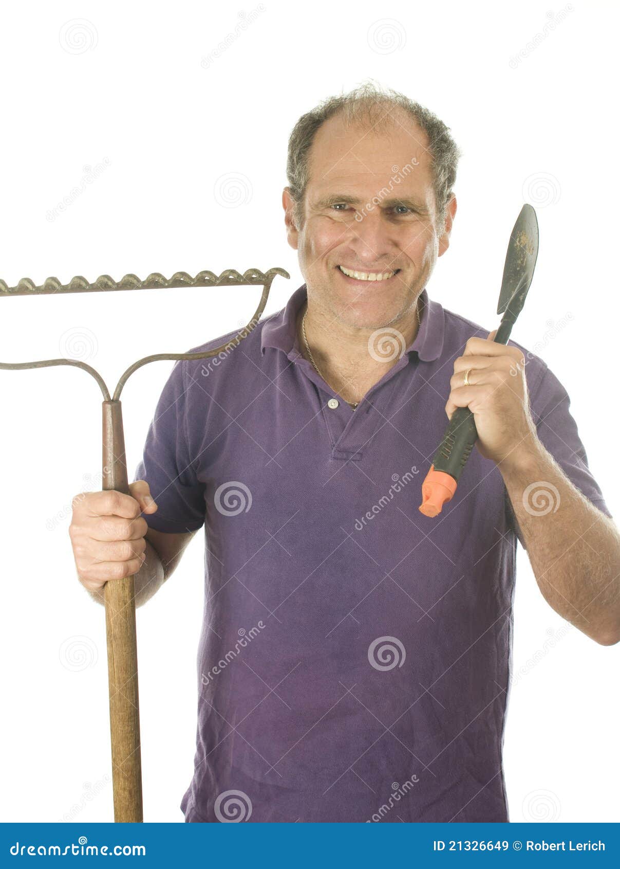 Middle Age Man Gardener Spade and Bow Rake Tools Stock Image - Image of ...