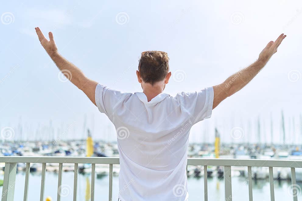 Middle Age Man Standing on Back View at Seaside Stock Image - Image of ...