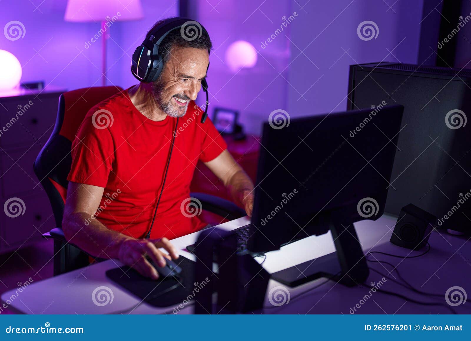 Middle Age Man Streamer Playing Video Game Using Computer at Gaming ...