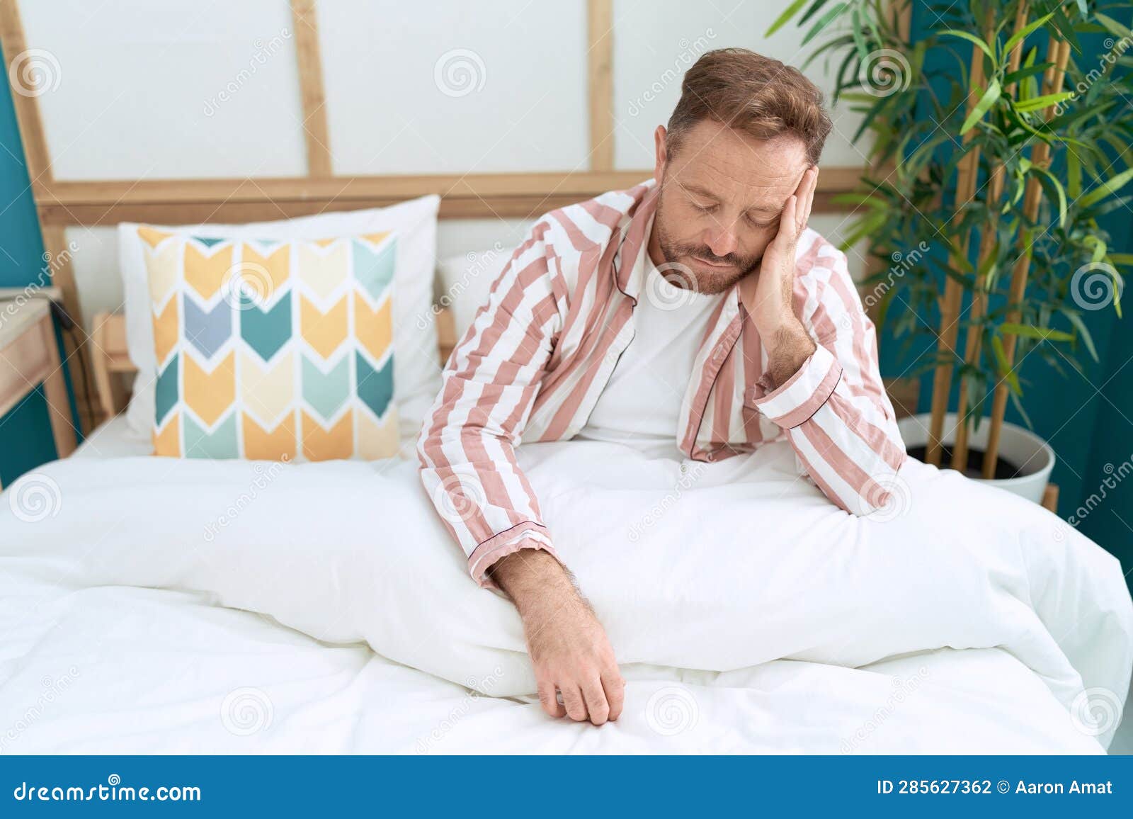 Middle Age Man Stressed Sitting on Bed at Bedroom Stock Photo - Image ...