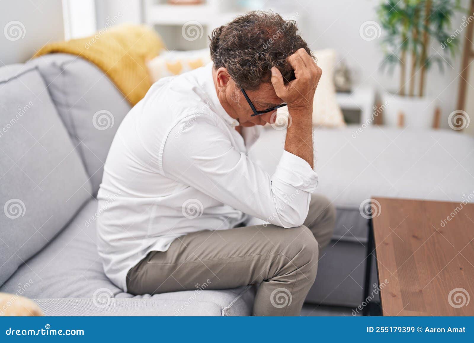 Middle Age Man Stressed Sitting on Sofa at Home Stock Image - Image of ...