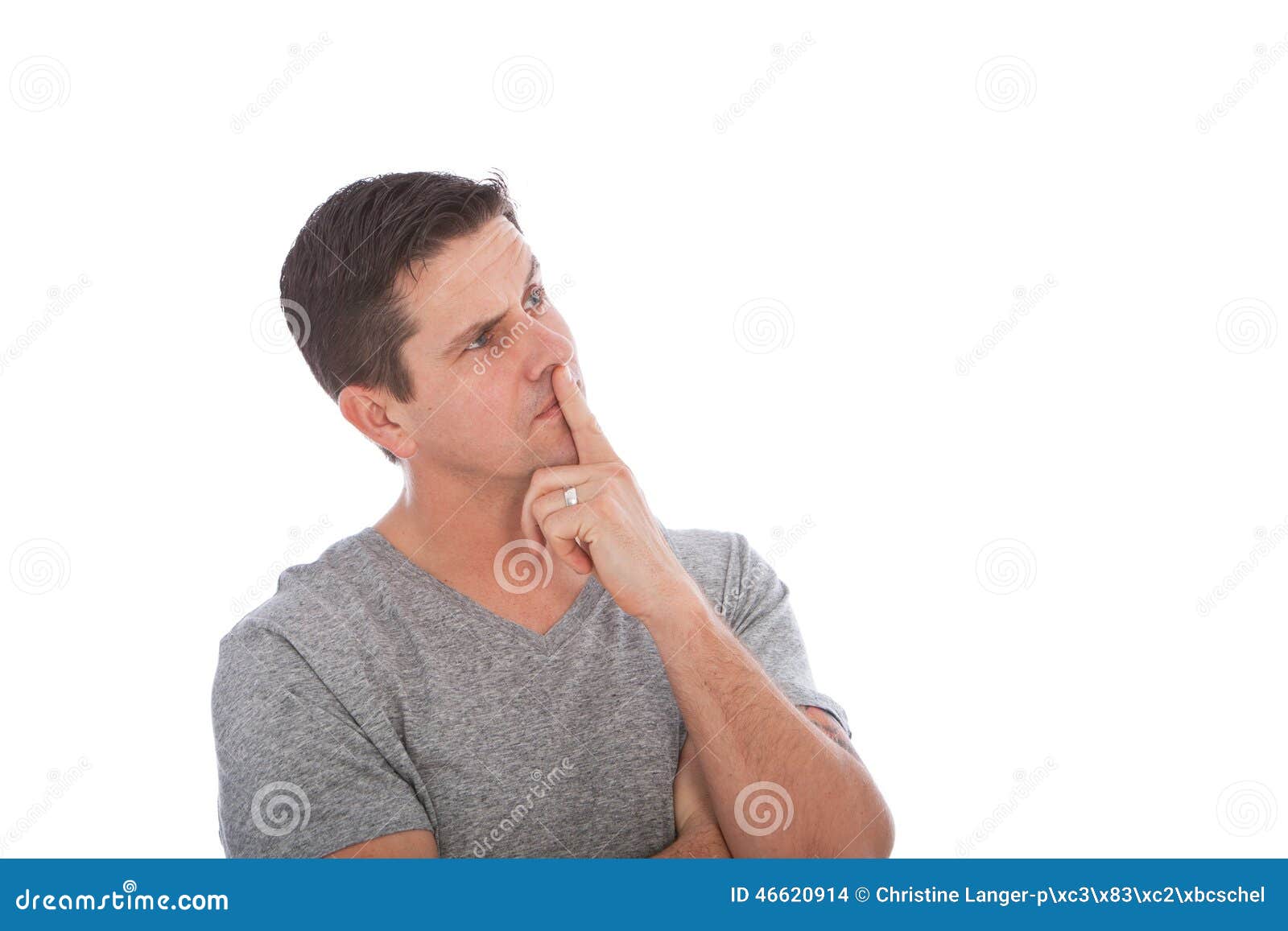 Middle Age Man Thinking with Finger on Lips Stock Photo - Image of hand ...