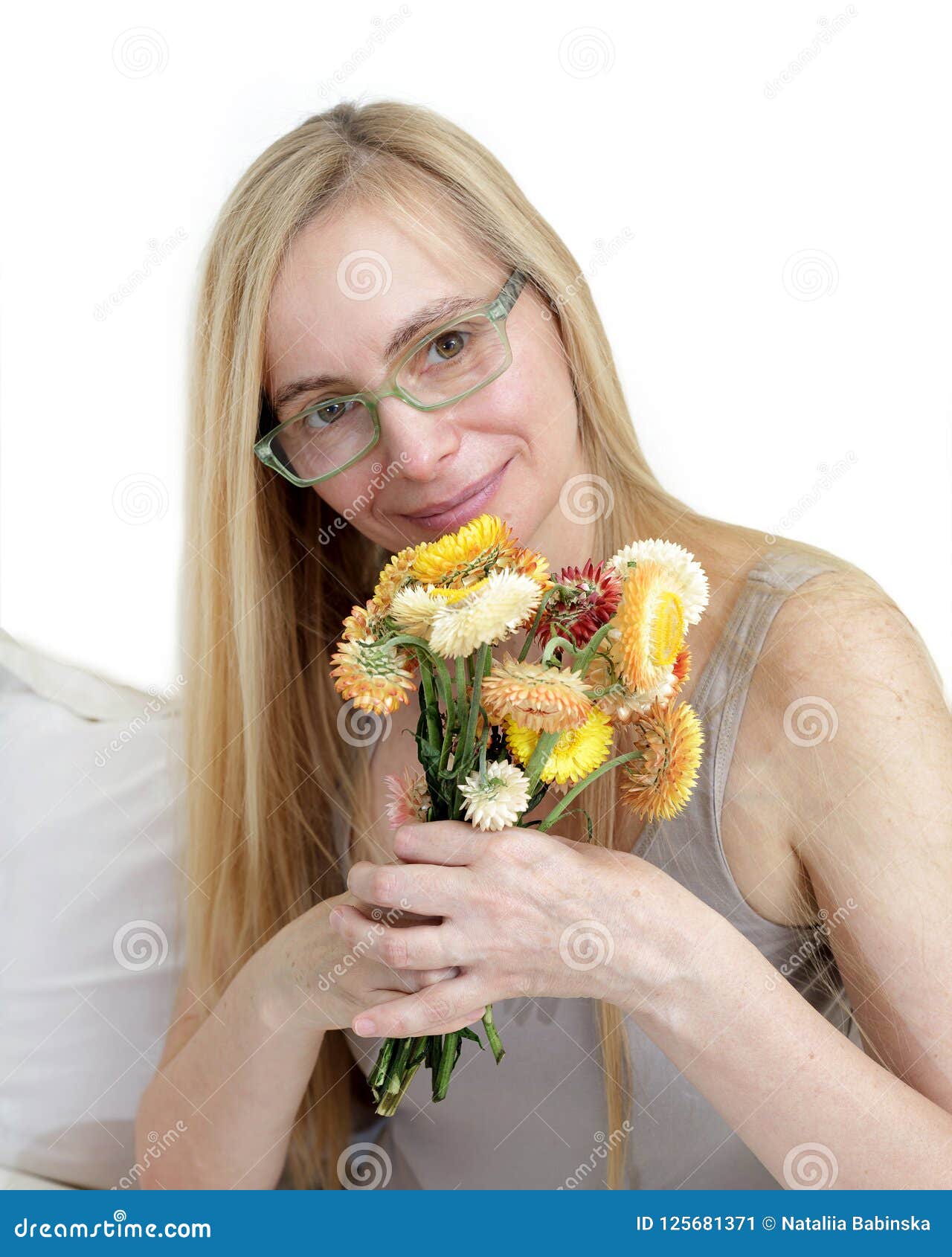 Middle Age Woman Real Portrait Bed Bedroom Blonde Long Hair Fifty Plus