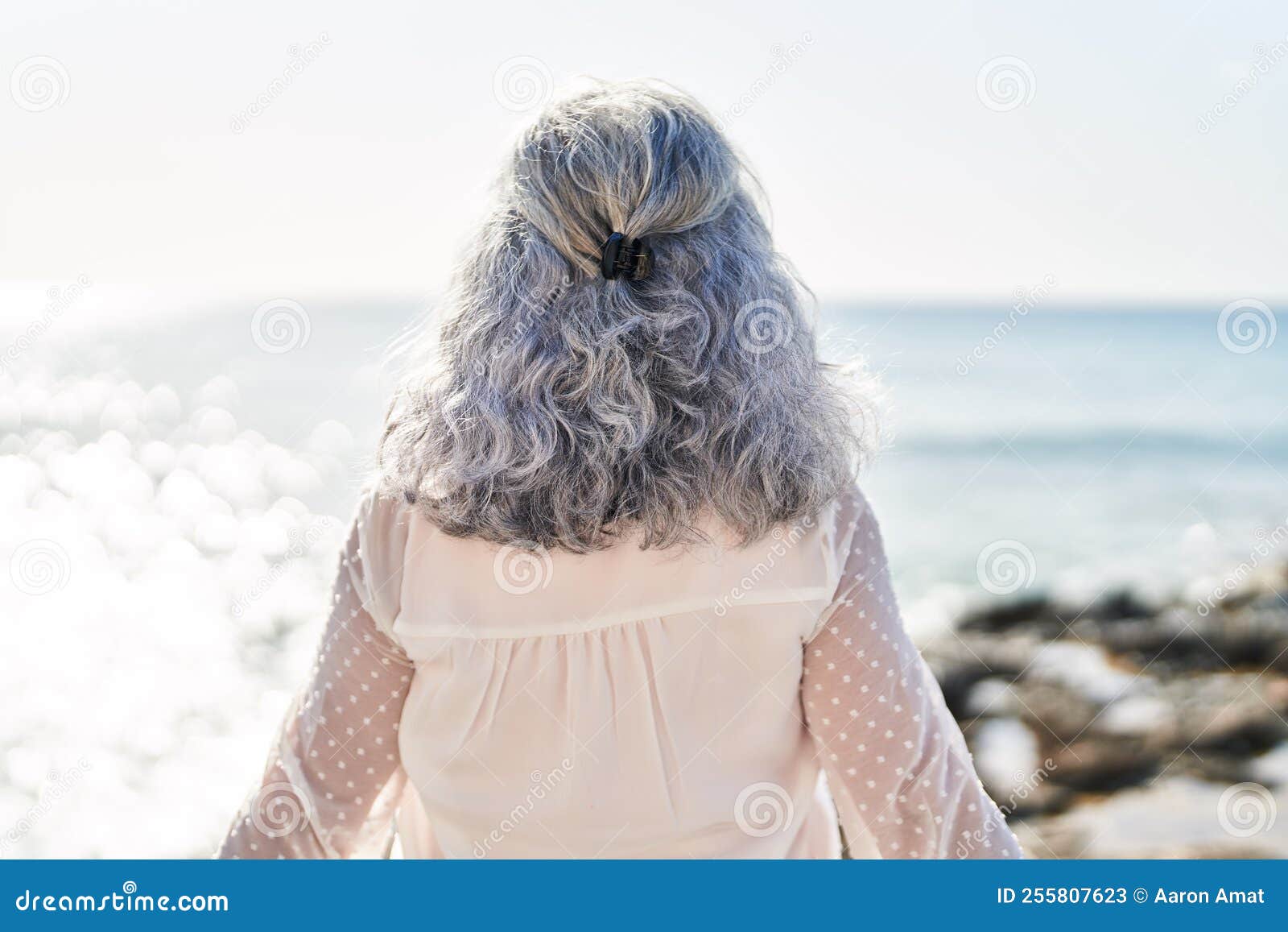 Middle Age Woman Standing on Back View at Seaside Stock Image - Image ...