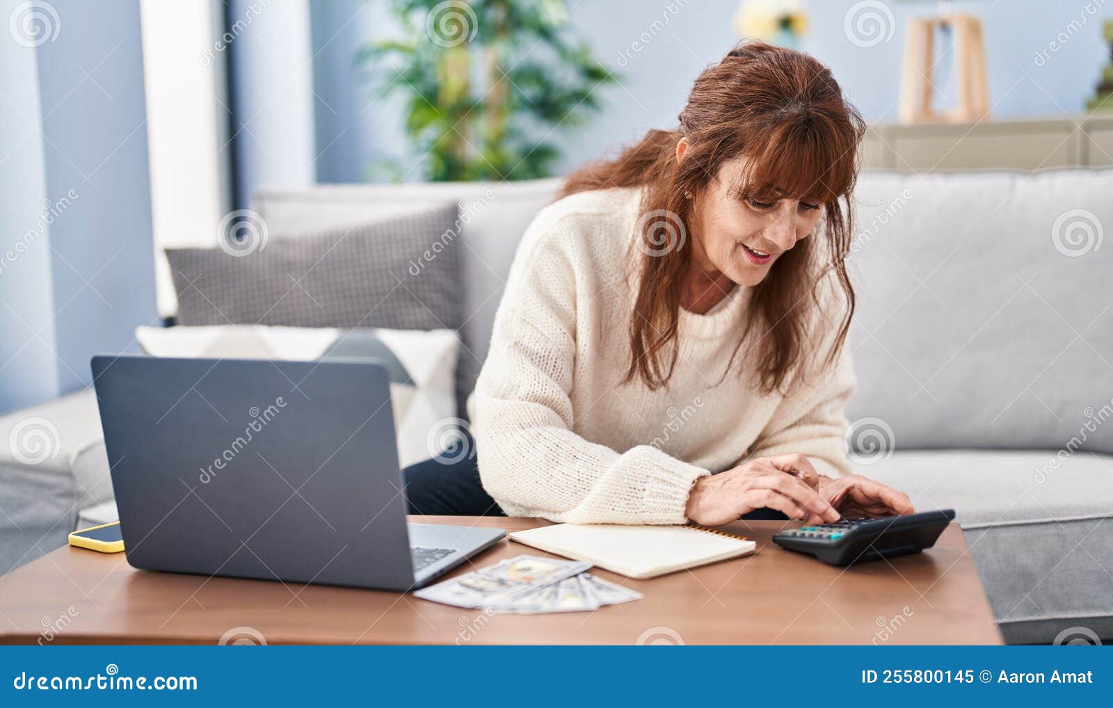 Middle Age Woman Using Calculator and Laptop Sitting on Sofa at Home ...
