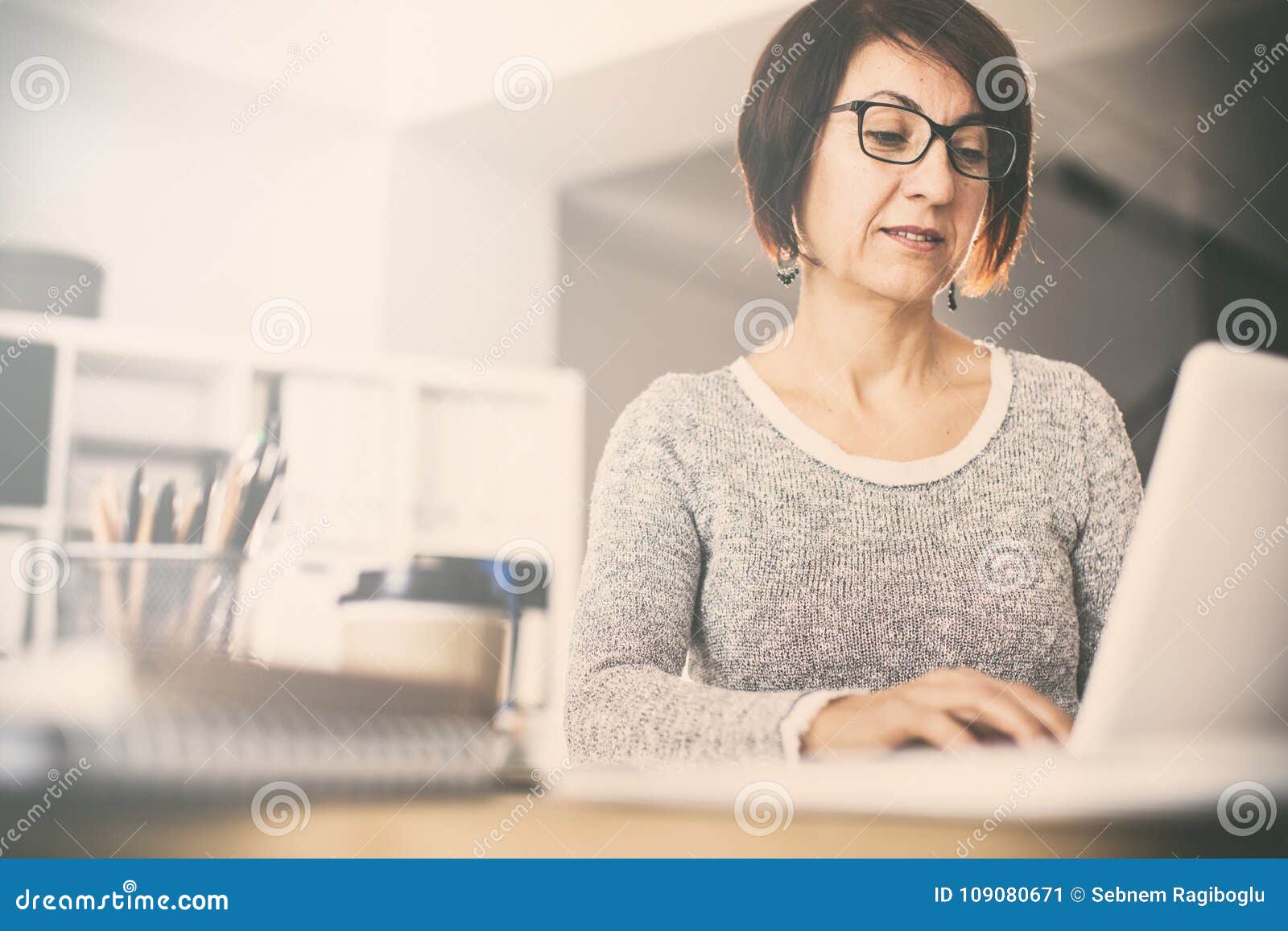 Middle Age Woman Using Computer Stock Image - Image of person ...