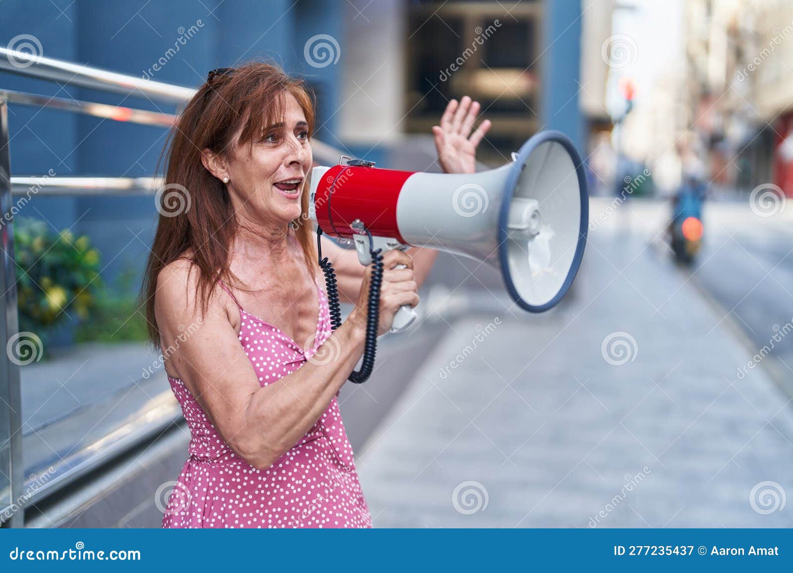 Middle Age Woman Using Megaphone Speaking at Street Stock Image - Image ...