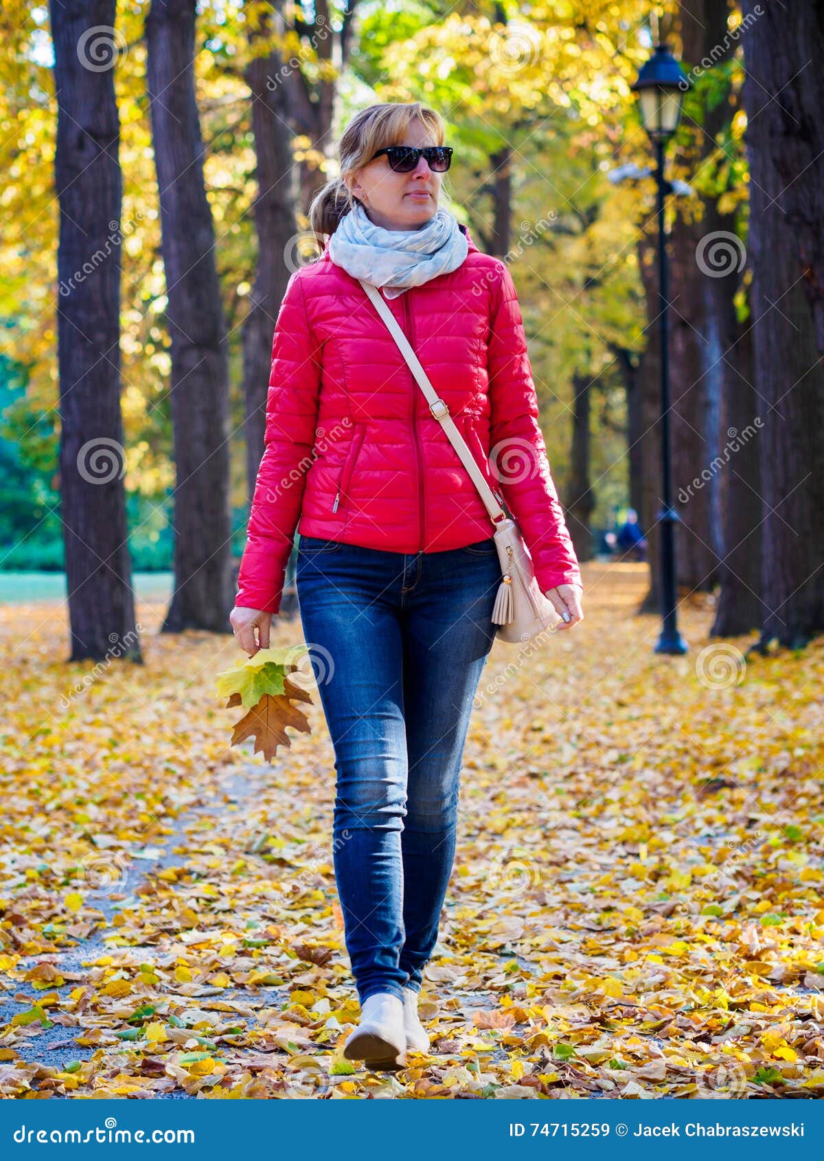 Middle-age Woman Walking in Park Stock Image - Image of person, autumn ...