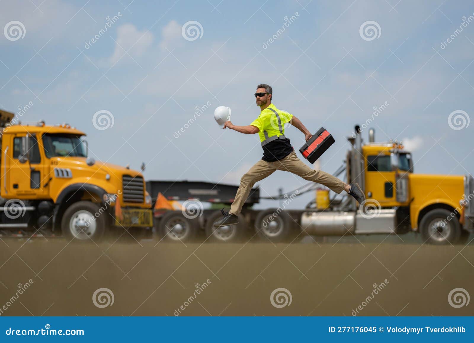 Middle Aged Builder Excited Jump on Site Construction. Excited Builder ...