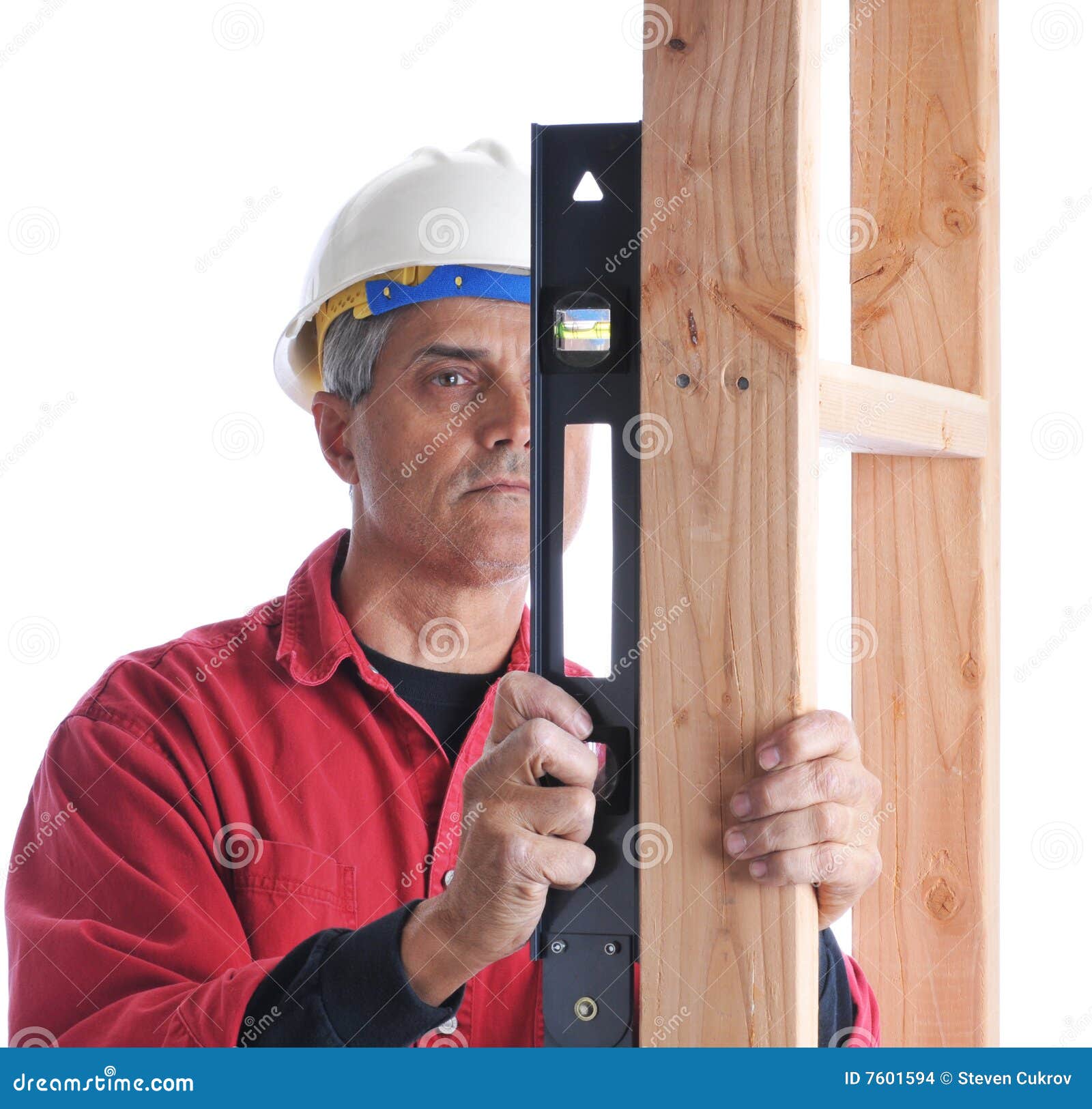 Middle Aged Carpenter with Level Checking Studs Stock Photo - Image of ...