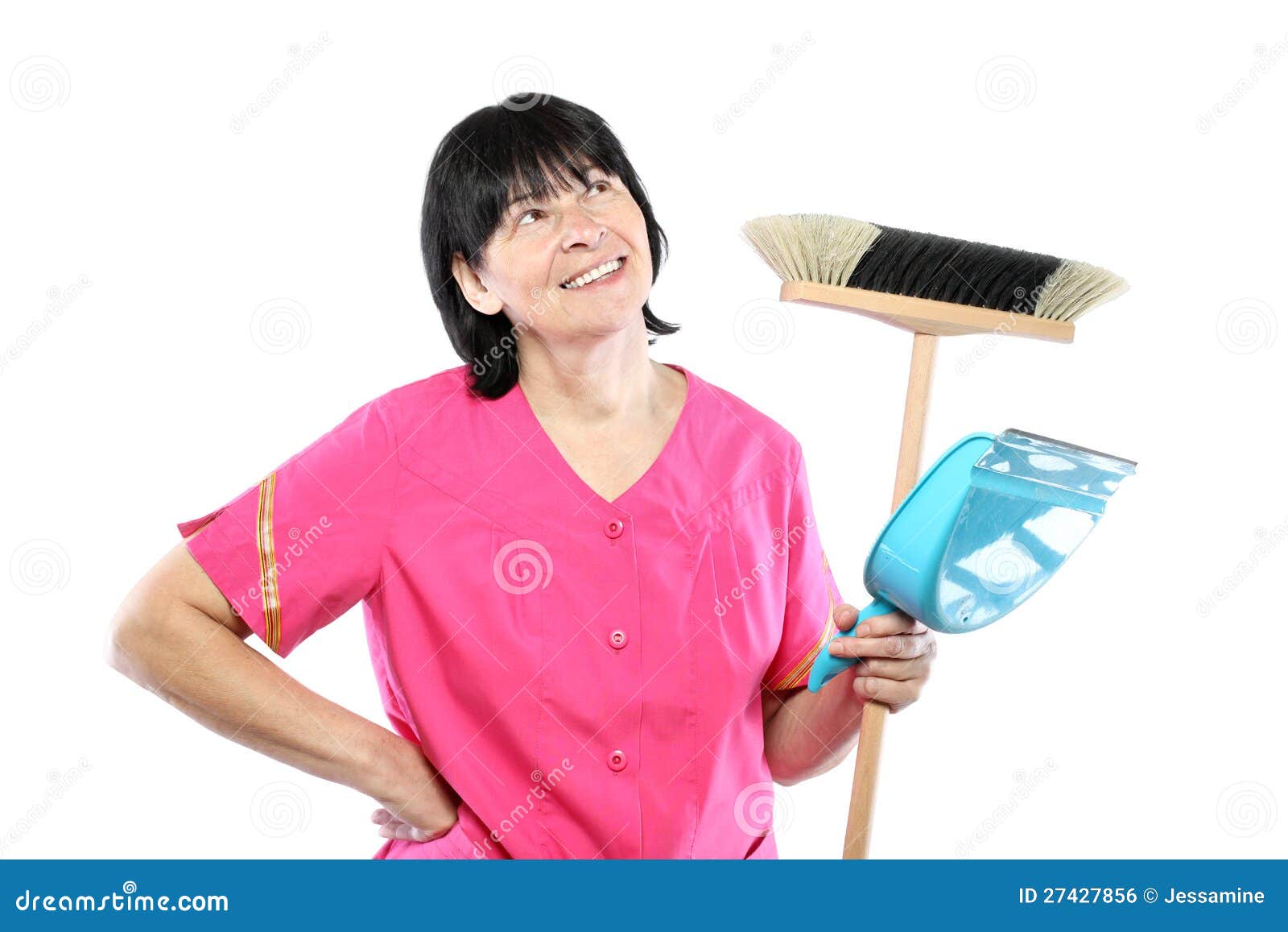 Middle Aged Cleaning Lady with Broom and Scoop Stock Photo - Image of ...