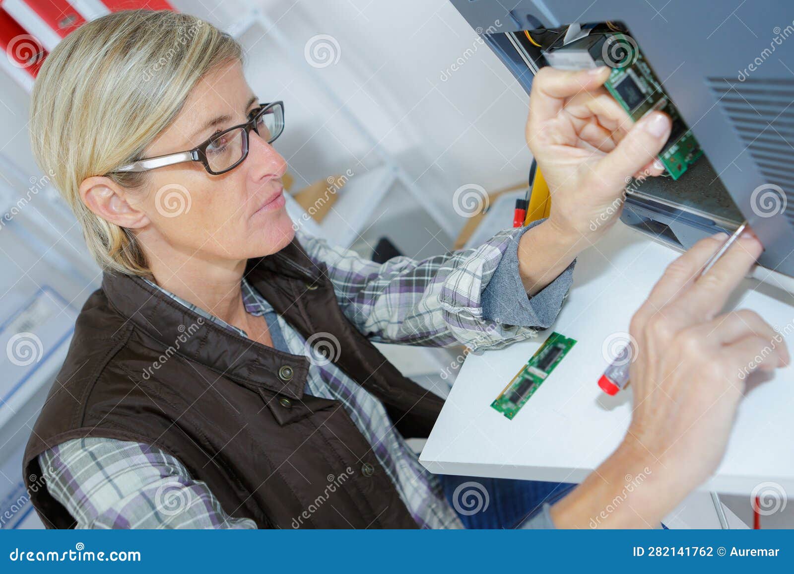 Middle Aged Computer Female Technician Working Stock Photo - Image of ...