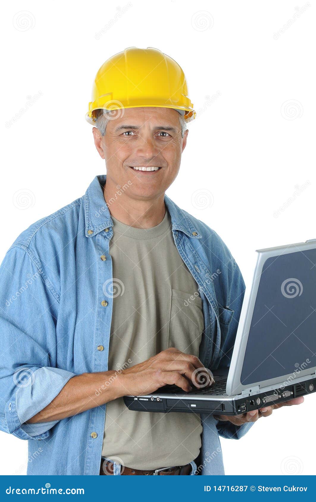 Middle Aged Construction Worker Holding Laptop Stock Image - Image of ...