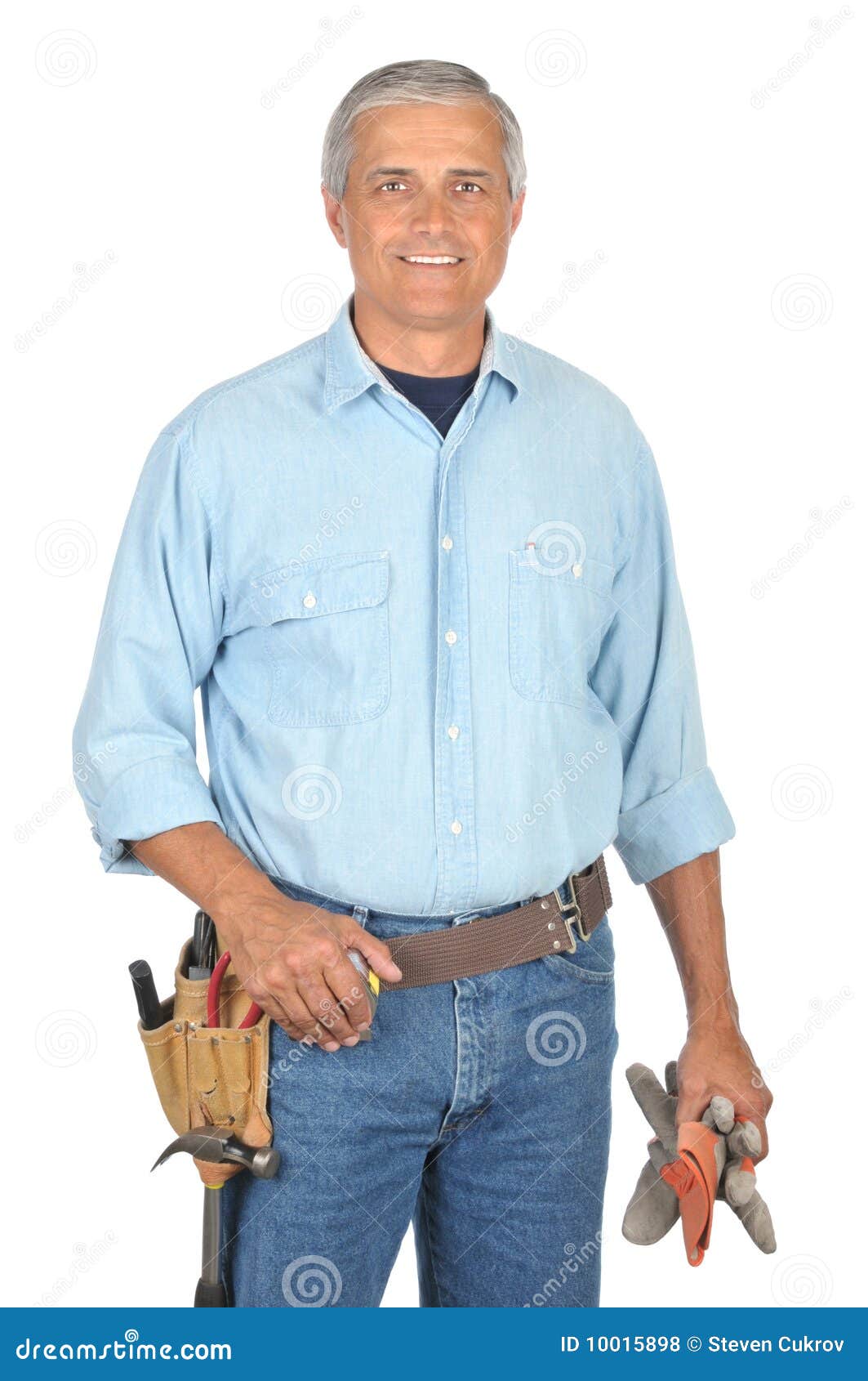 Middle Aged Construction Worker Wearing Toolbelt Stock Photo - Image of ...