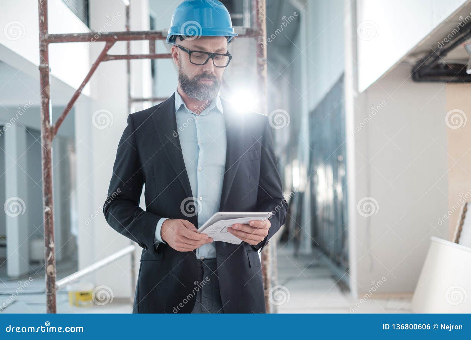 Middle-aged Engineer in Hardhat Stock Photo - Image of measure ...