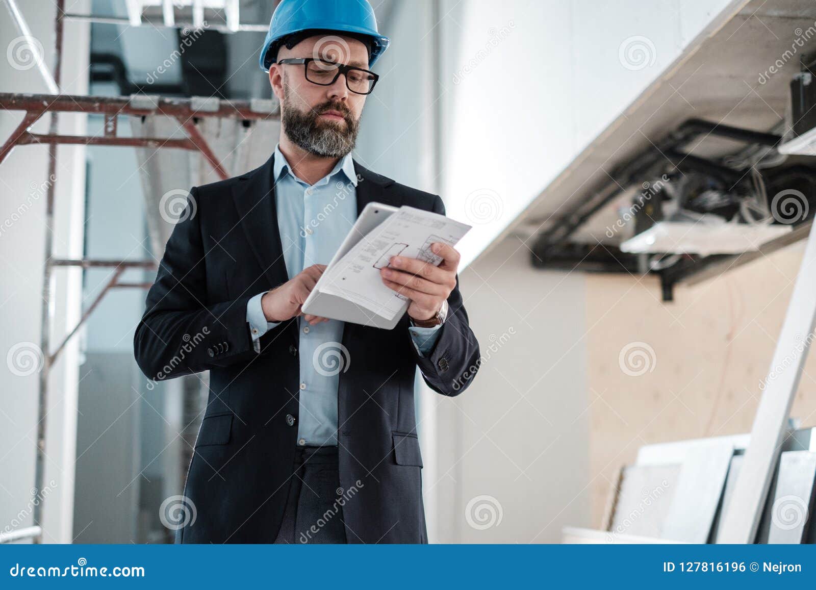 Middle-aged Engineer in Hardhat Stock Photo - Image of design, glasses ...