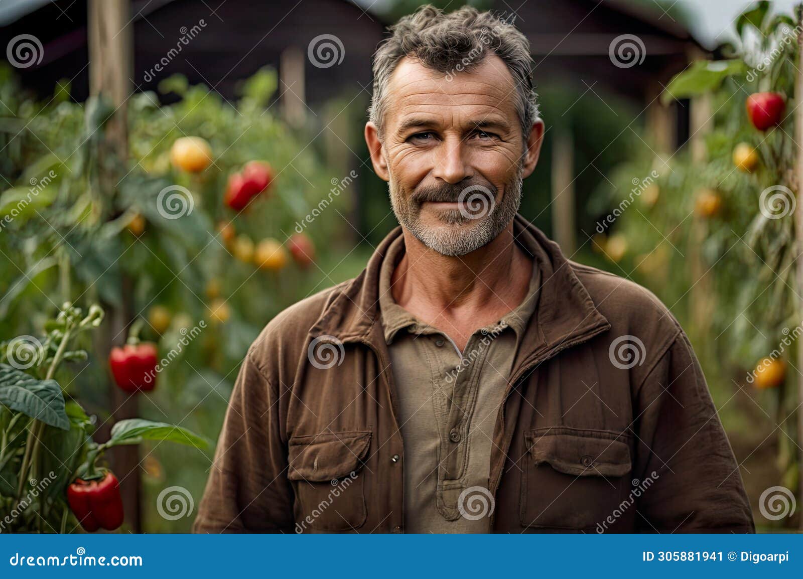 Middle-aged Farmer in the Vegetable Garden and Looking at the Camera ...