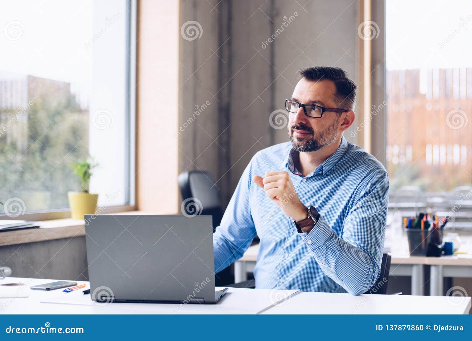 Middle Aged Handsome Man in Shirt Working on Laptop Computer in Office ...