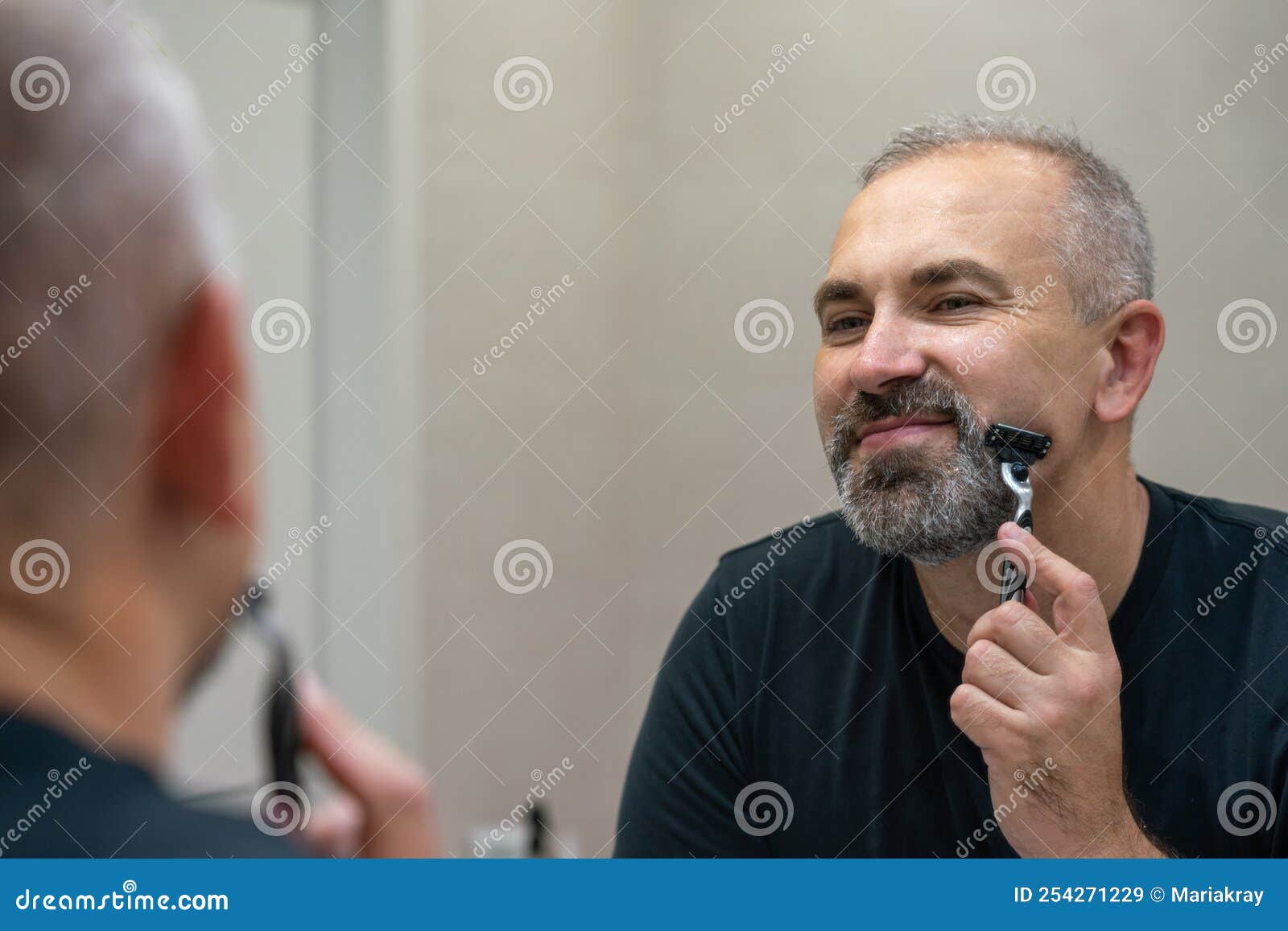 Middle-aged Handsome Man Using Razor in Bathroom Stock Image - Image of ...