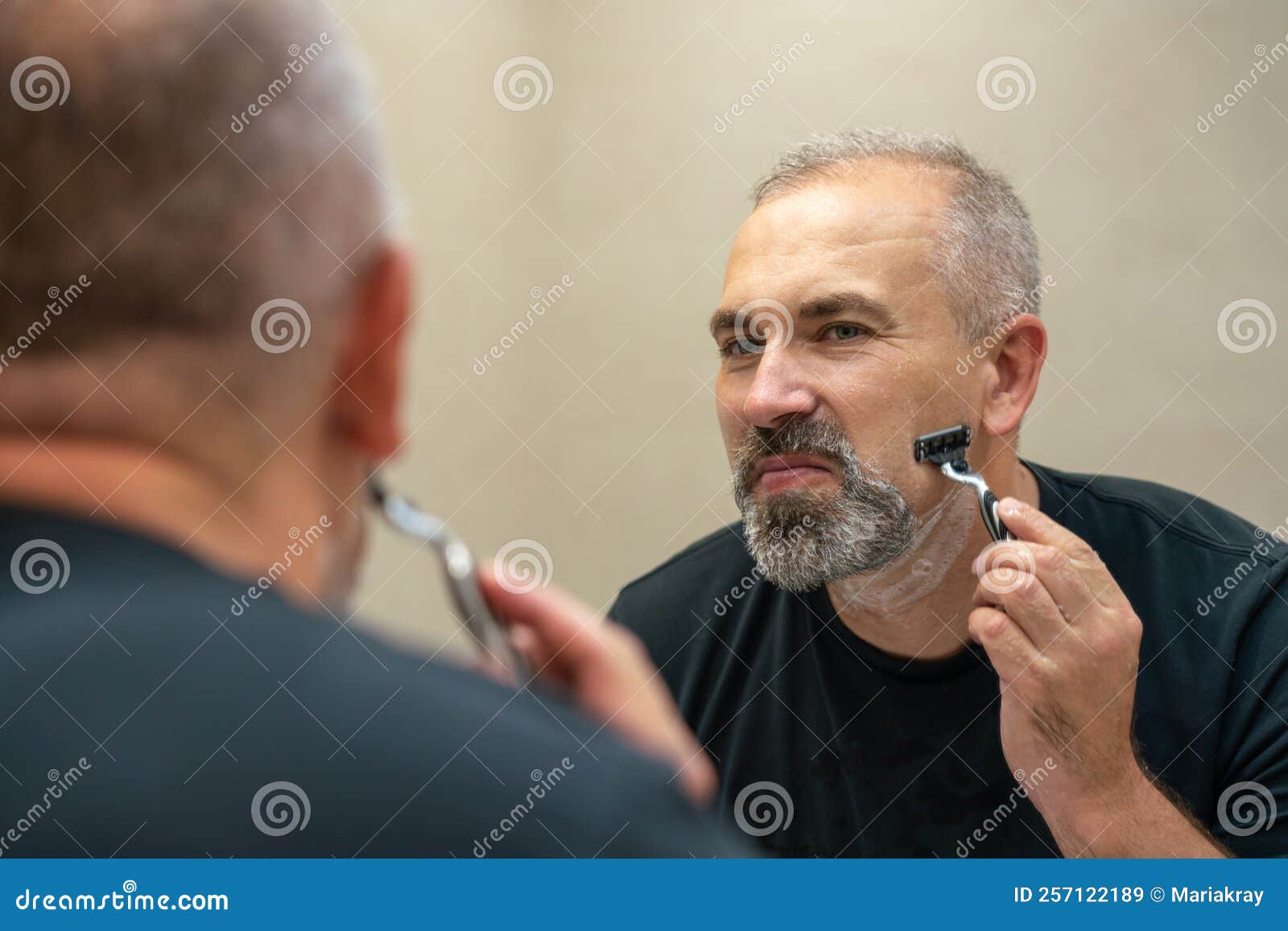 Middle-aged Handsome Man Using Razor in Bathroom Stock Image - Image of ...