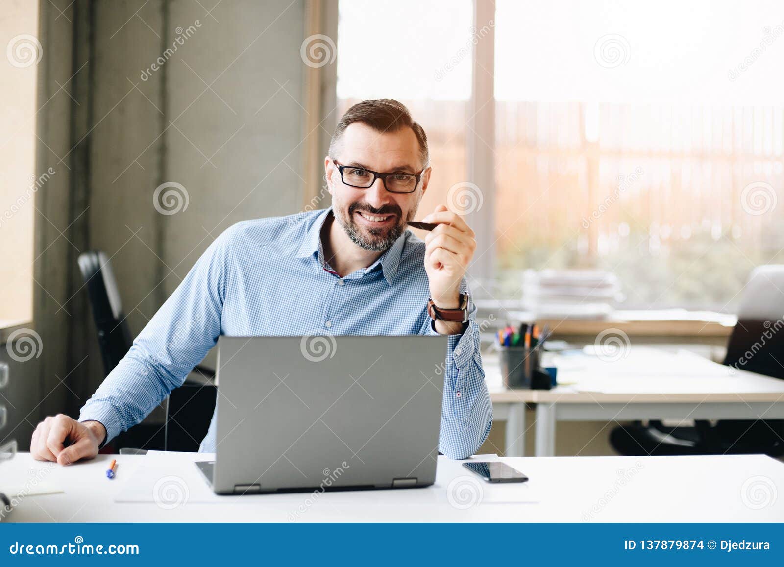 Middle Aged Handsome Man Working on Laptop Computer Stock Photo - Image ...