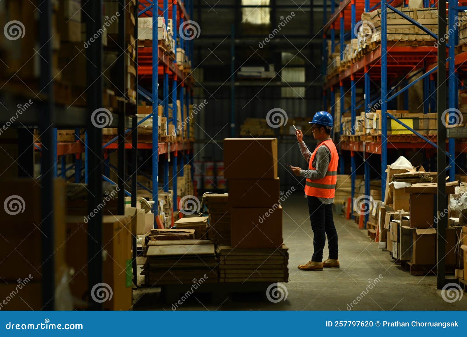 Middle Aged Male Managers Standing between Rows of Tall Shelves and ...