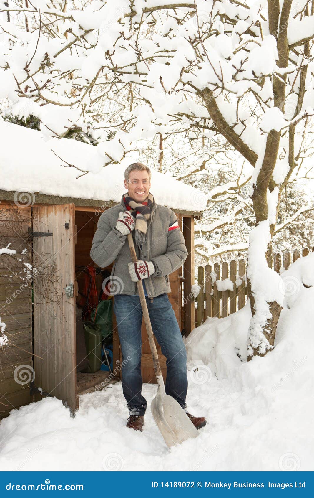 Middle Aged Man Clearing Snow from Path Stock Photo - Image of frozen ...