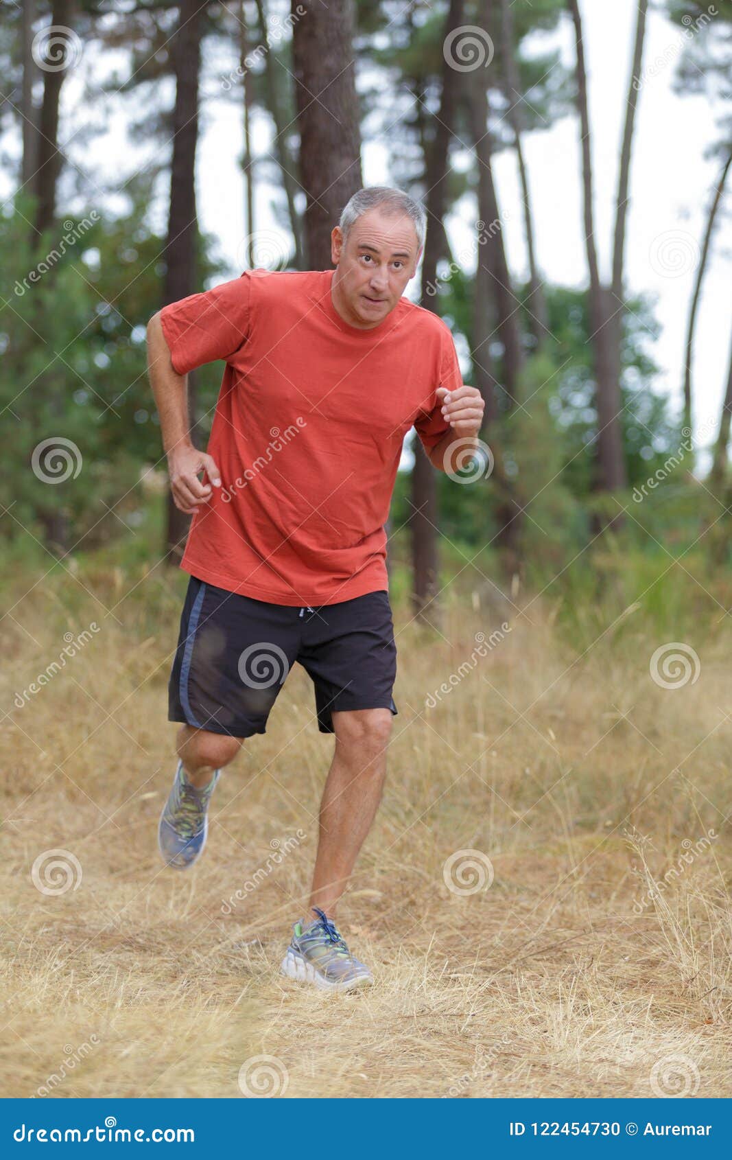 Middle Aged Man Jogging in Woods Stock Photo - Image of exercise, male ...