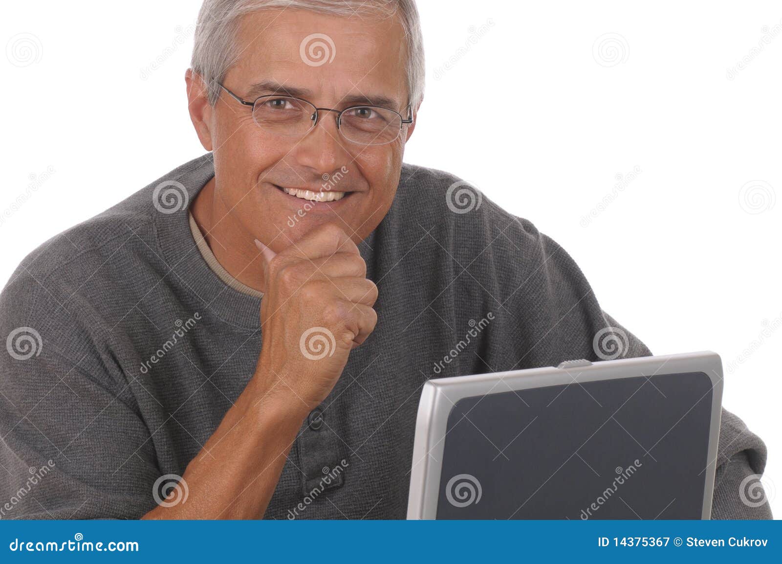 Middle Aged Man and Laptop stock image. Image of smile - 14375367