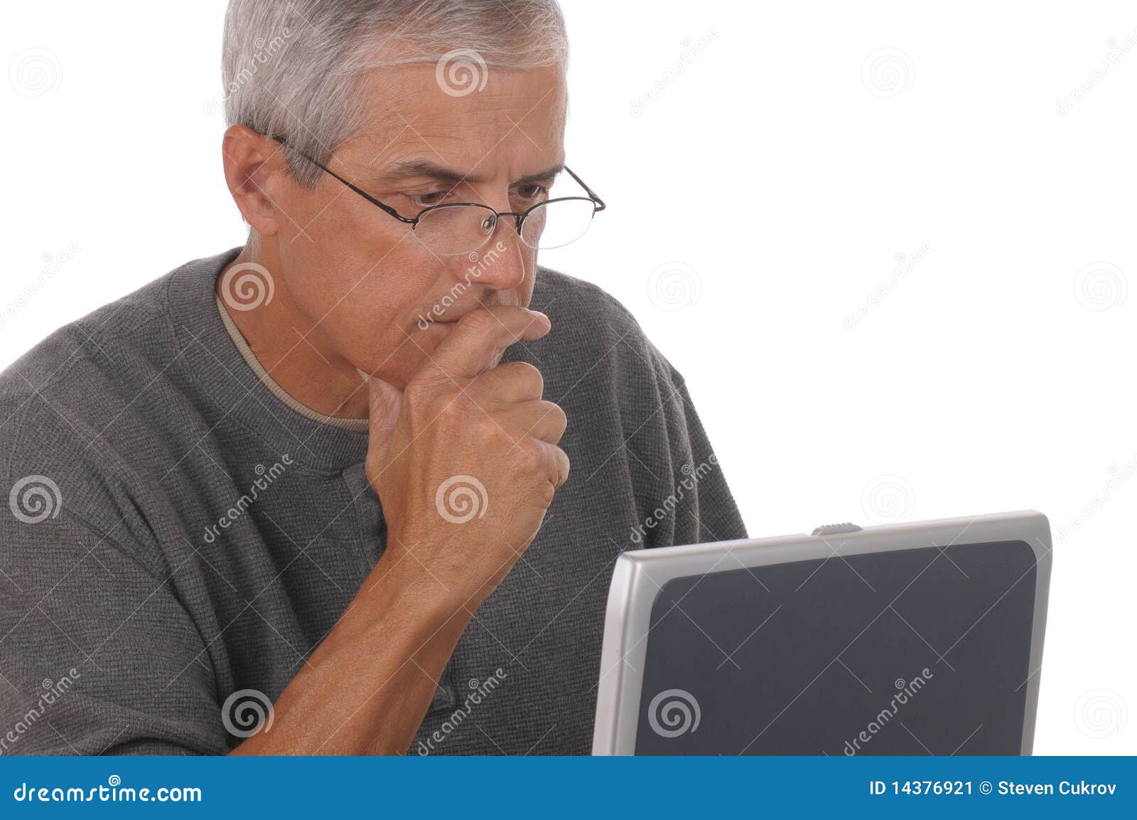 Middle Aged Man and Laptop stock image. Image of eyeglasses - 14376921