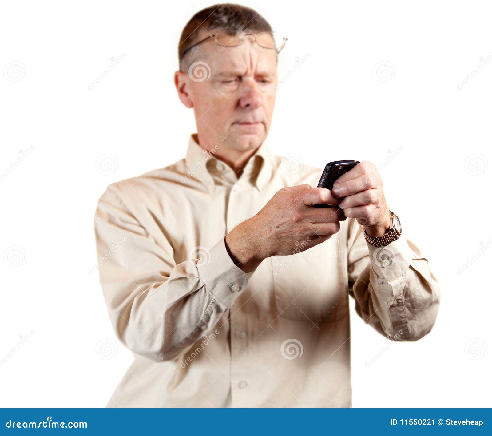 Middle Aged Man Squinting at Smart Phone Stock Image - Image of middle ...