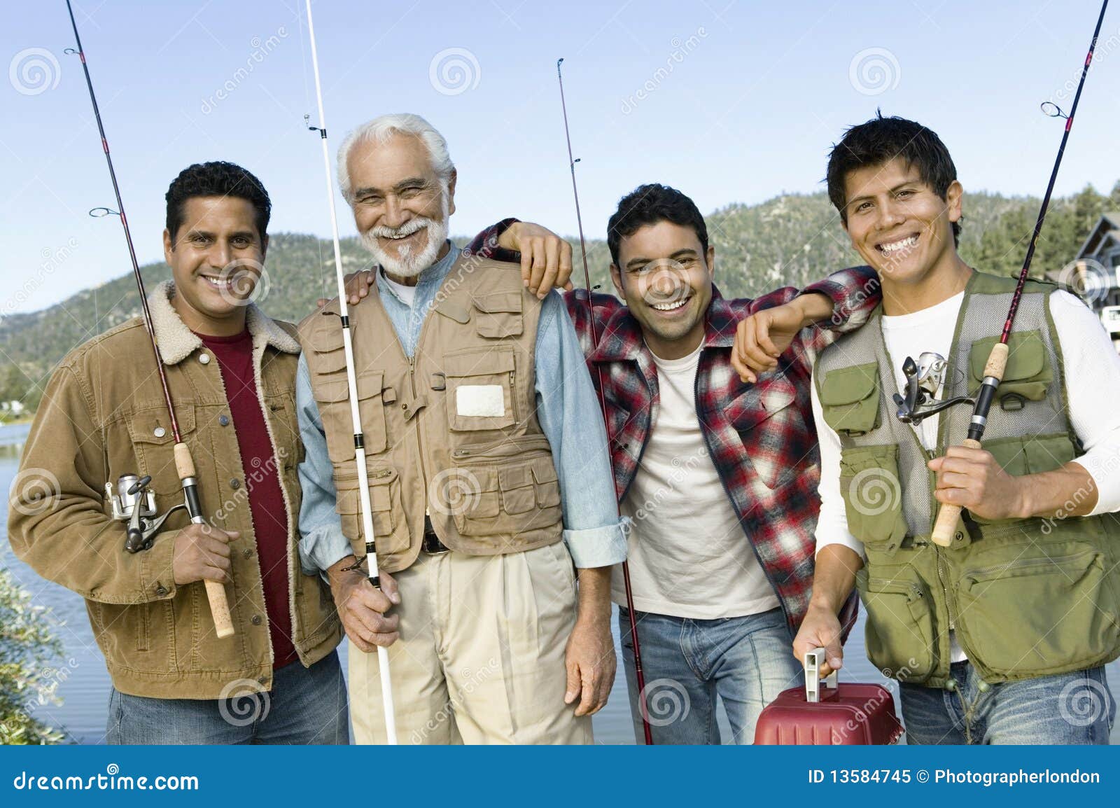Middle-aged Man with Three Sons on Fishing Trip Stock Image - Image of ...