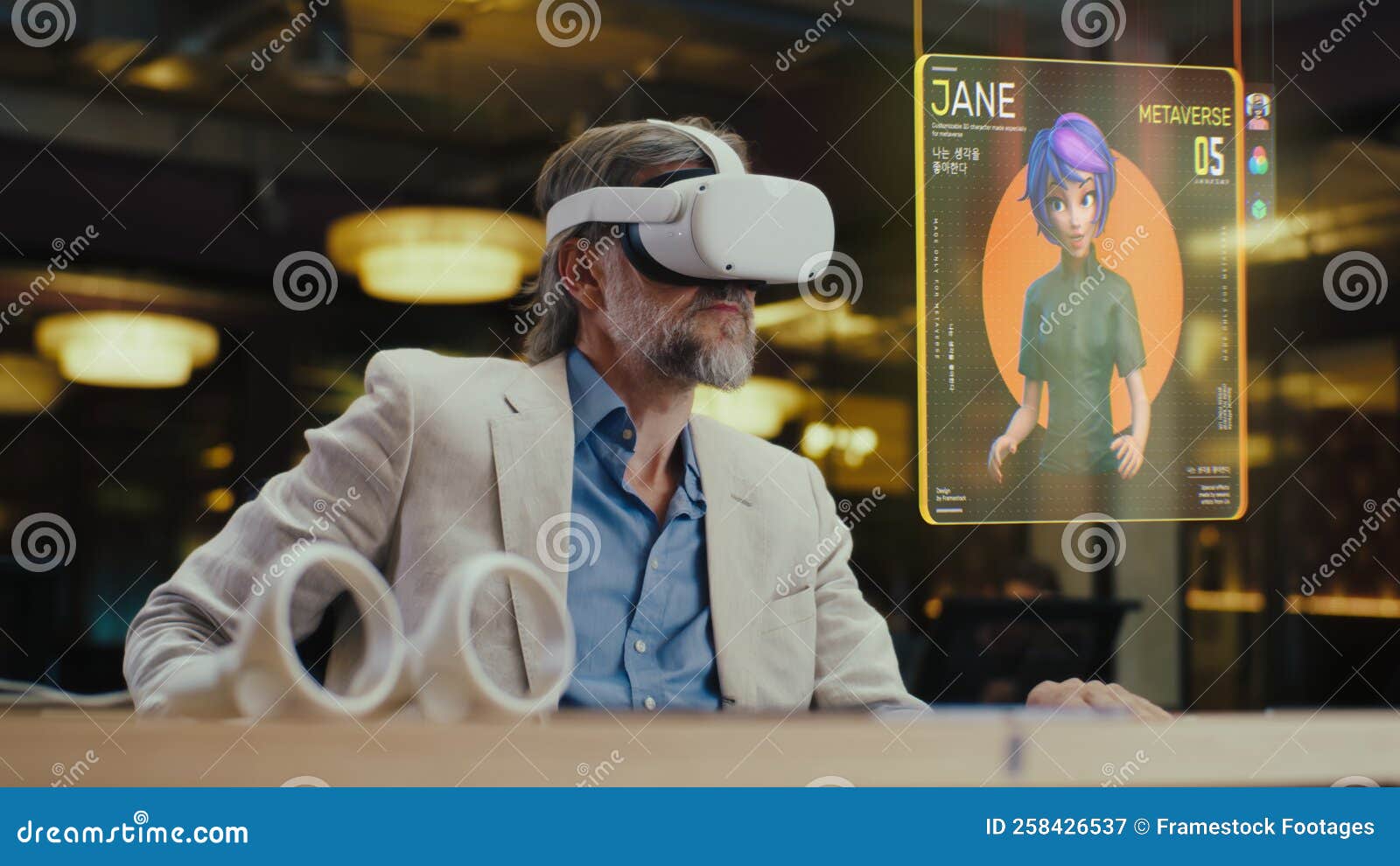 Middle Aged Man with VR Headset Communicates with an Avatar of Girl in ...