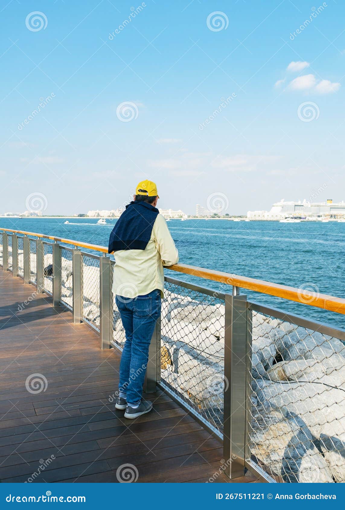 Middle Aged Man Walking at Seaside Walkway. Stock Image - Image of ...
